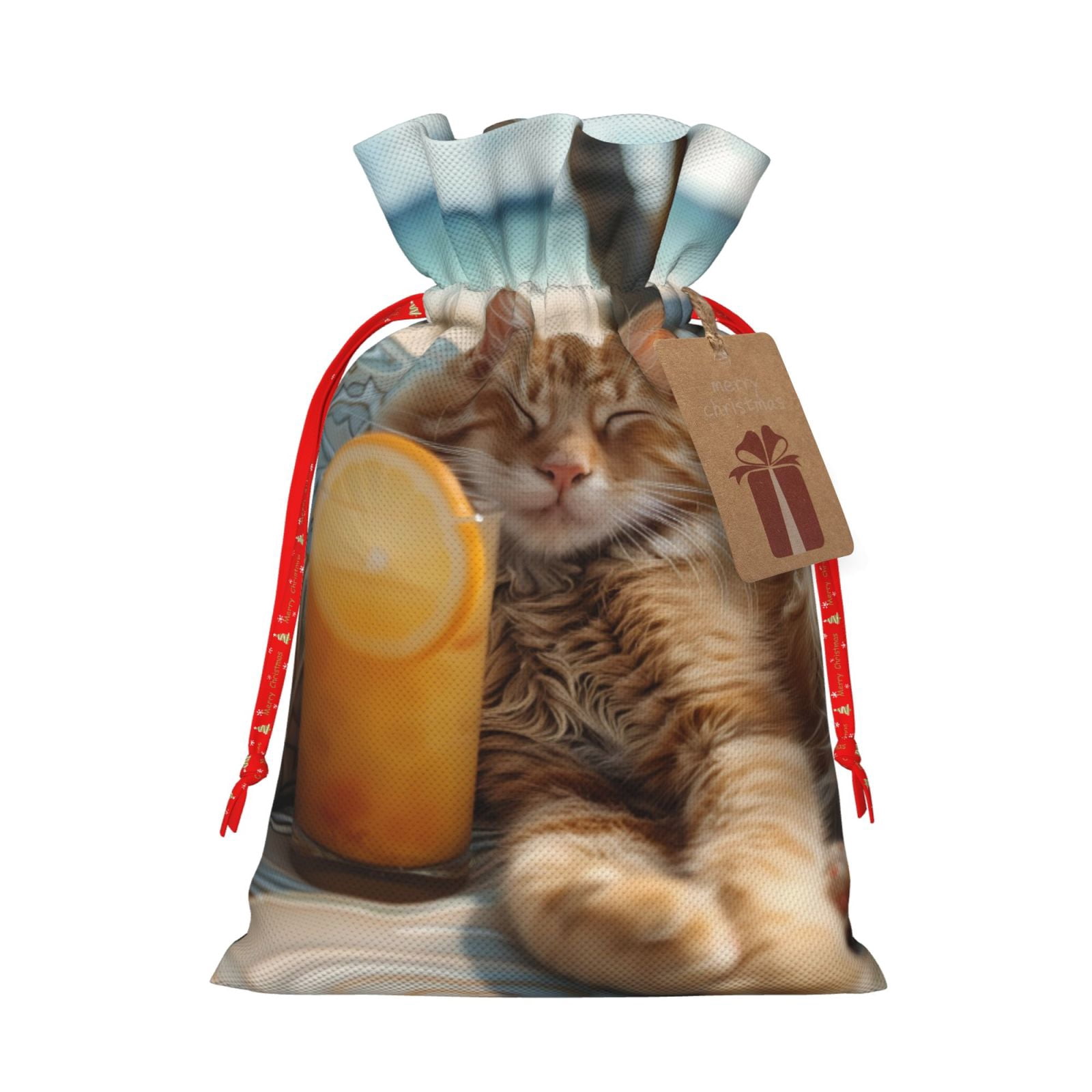 Honeii Relaxing Cat With Orange Juice Print Small Burlap Bags,Christmas ...