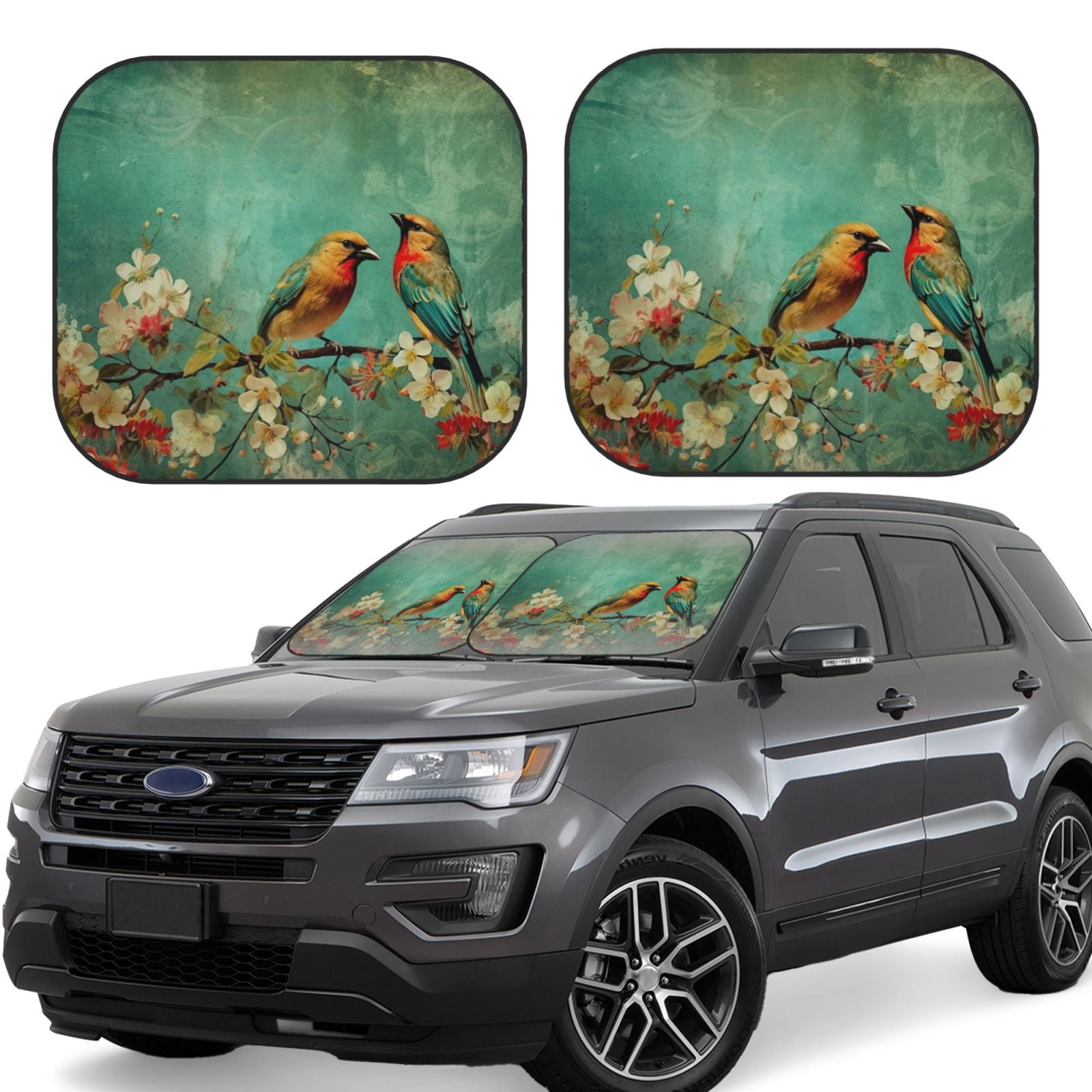 Honeii Retro Birds Print Foldable Car Sun Shade for Windshield, 2-Piece ...