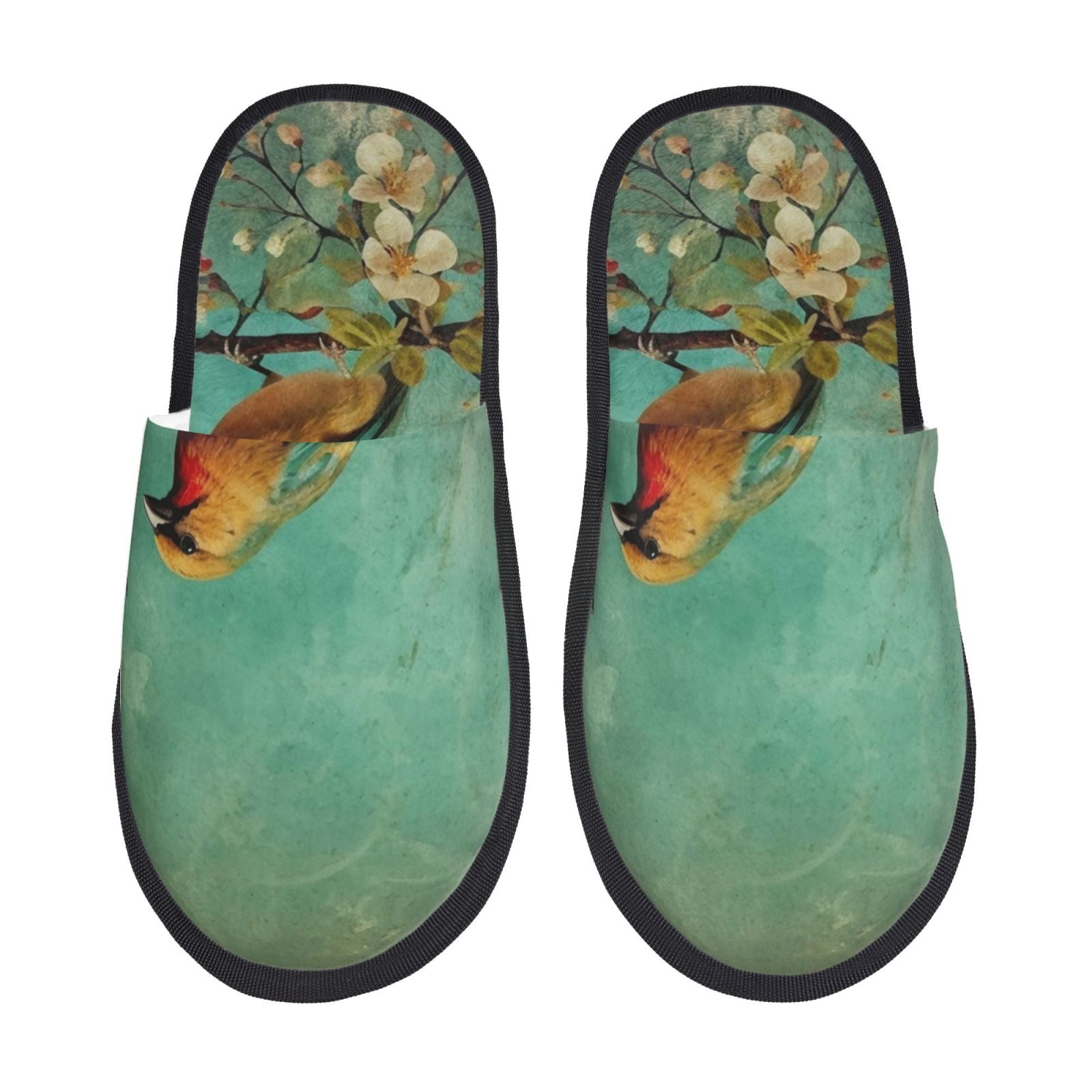 Honeii Retro Birds Print Furry Slippers Bedroom Slippers for Women and ...