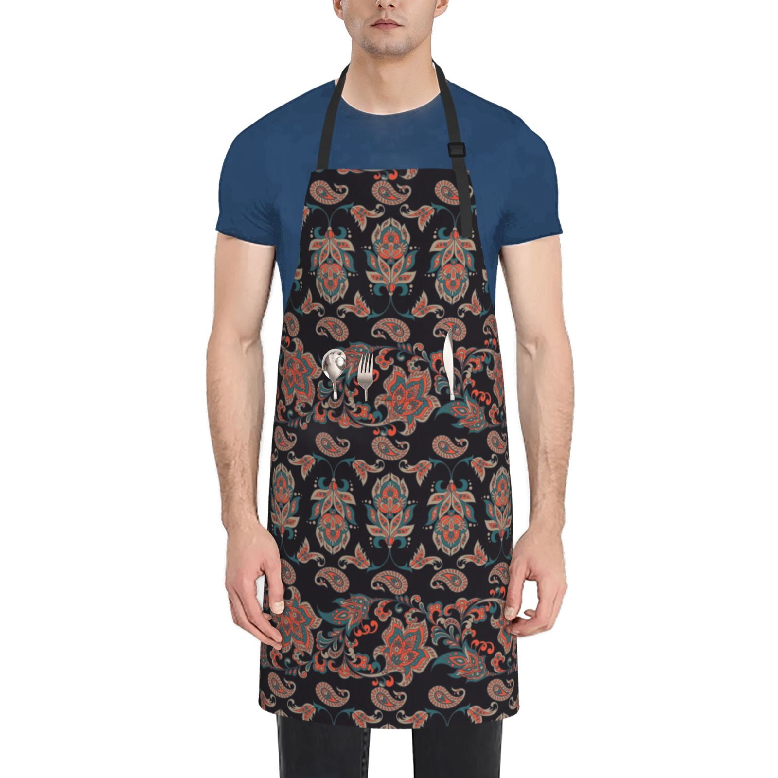 Honeii Retro Floral Print Waterproof Apron, Adjustable Kitchen Apron ...