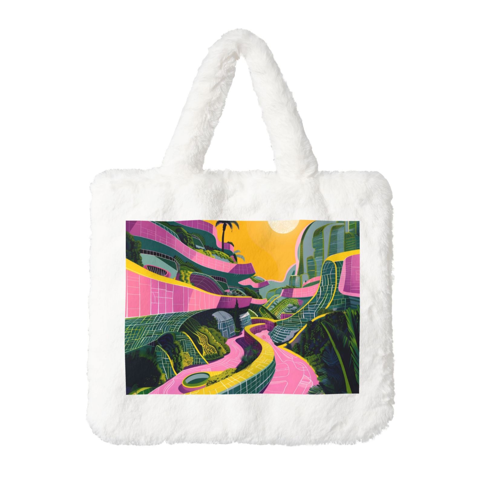 Honeii Retro Futuristic Landscape Print Fluffy Shoulder Bag Plush Bags ...