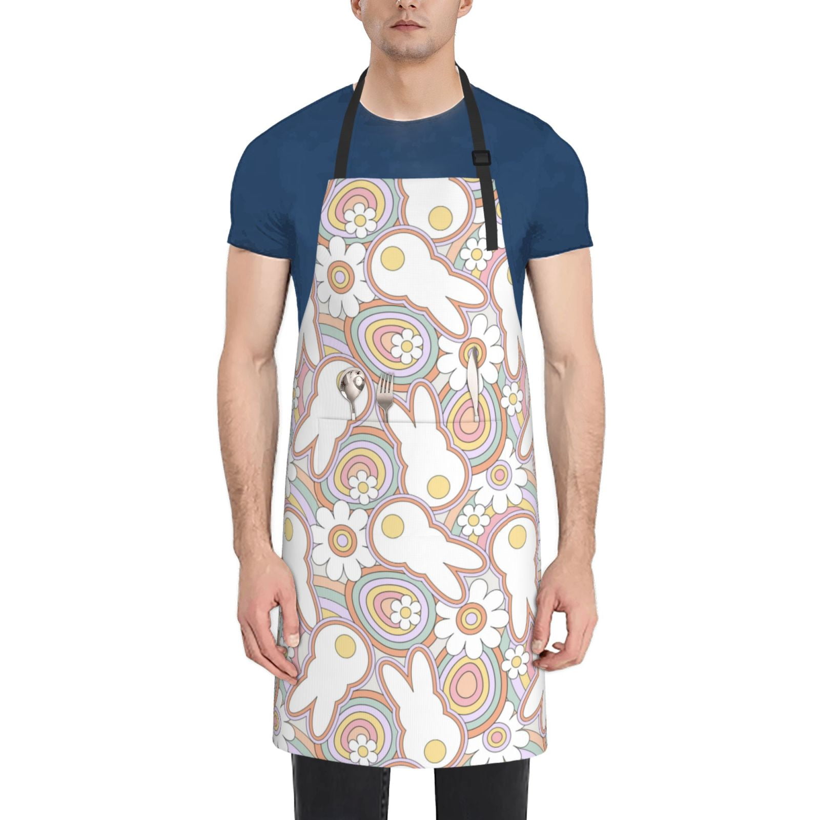 Honeii Retro Hippie Groovy Easter bunny Print Waterproof Apron, Adjustable Kitchen Apron with ...