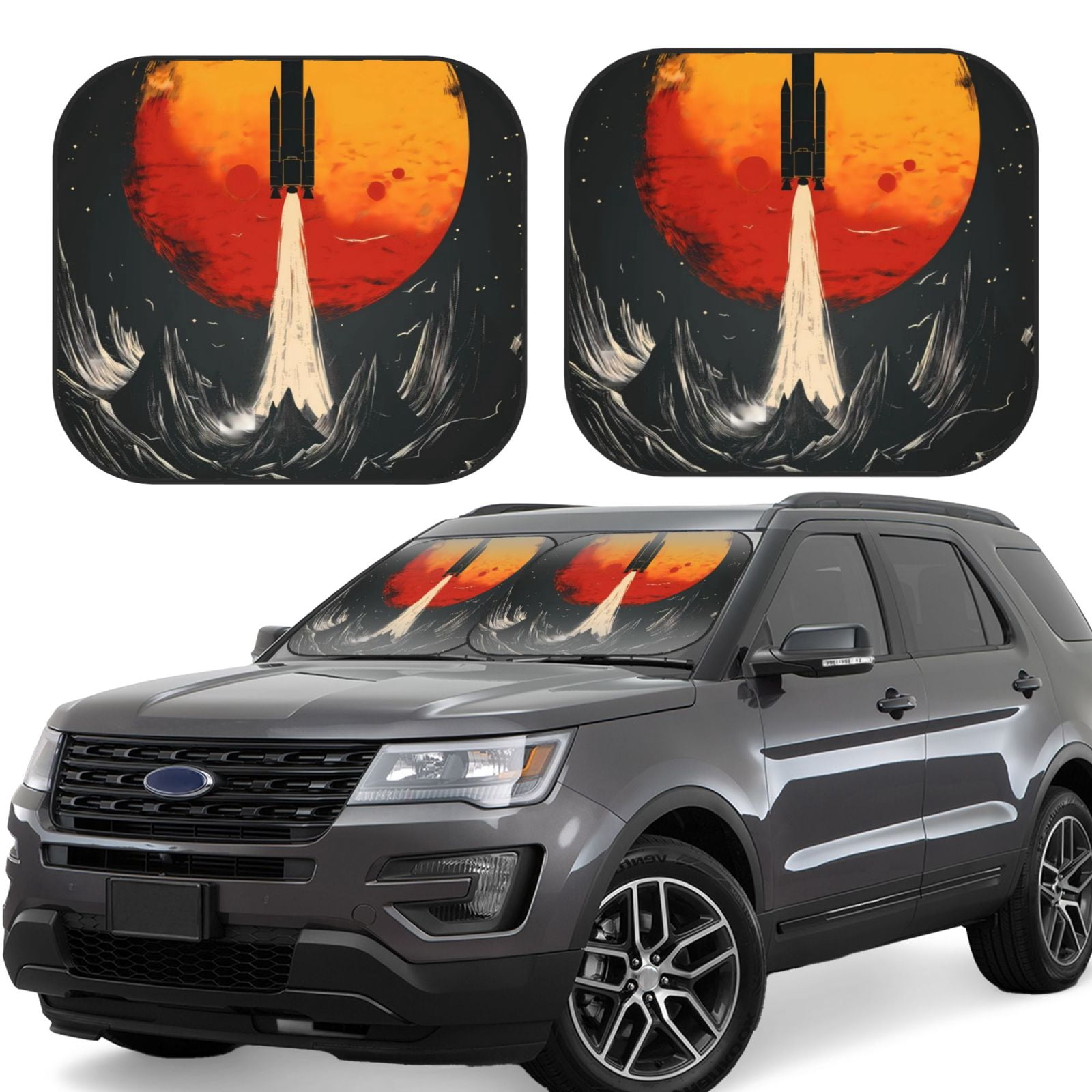 Honeii Retro Space Rocket Launch Print Foldable Car Sun Shade for ...