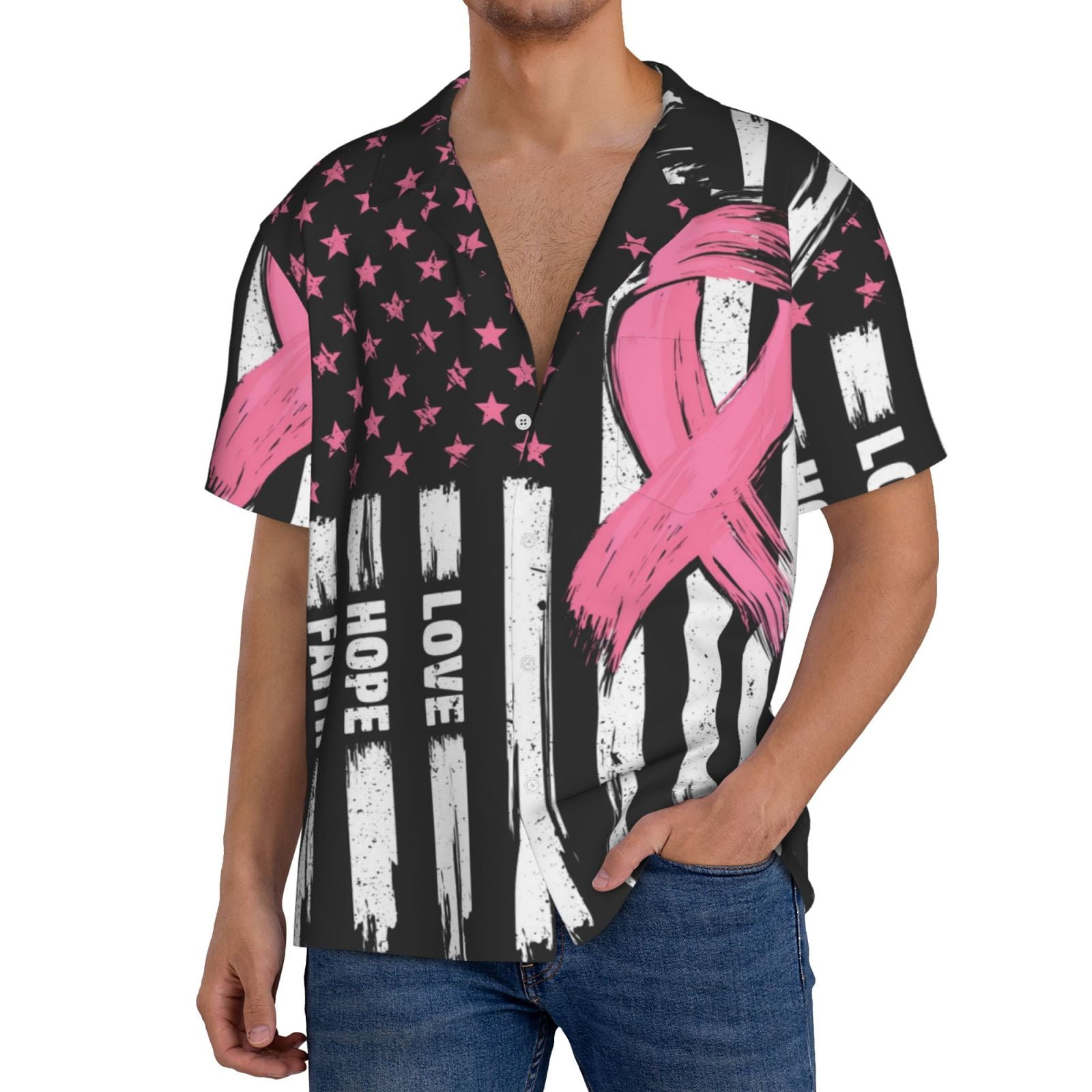 Honeii Ribbon Breast Cancer Awareness for Men's Short-Sleeved Button-Up ...