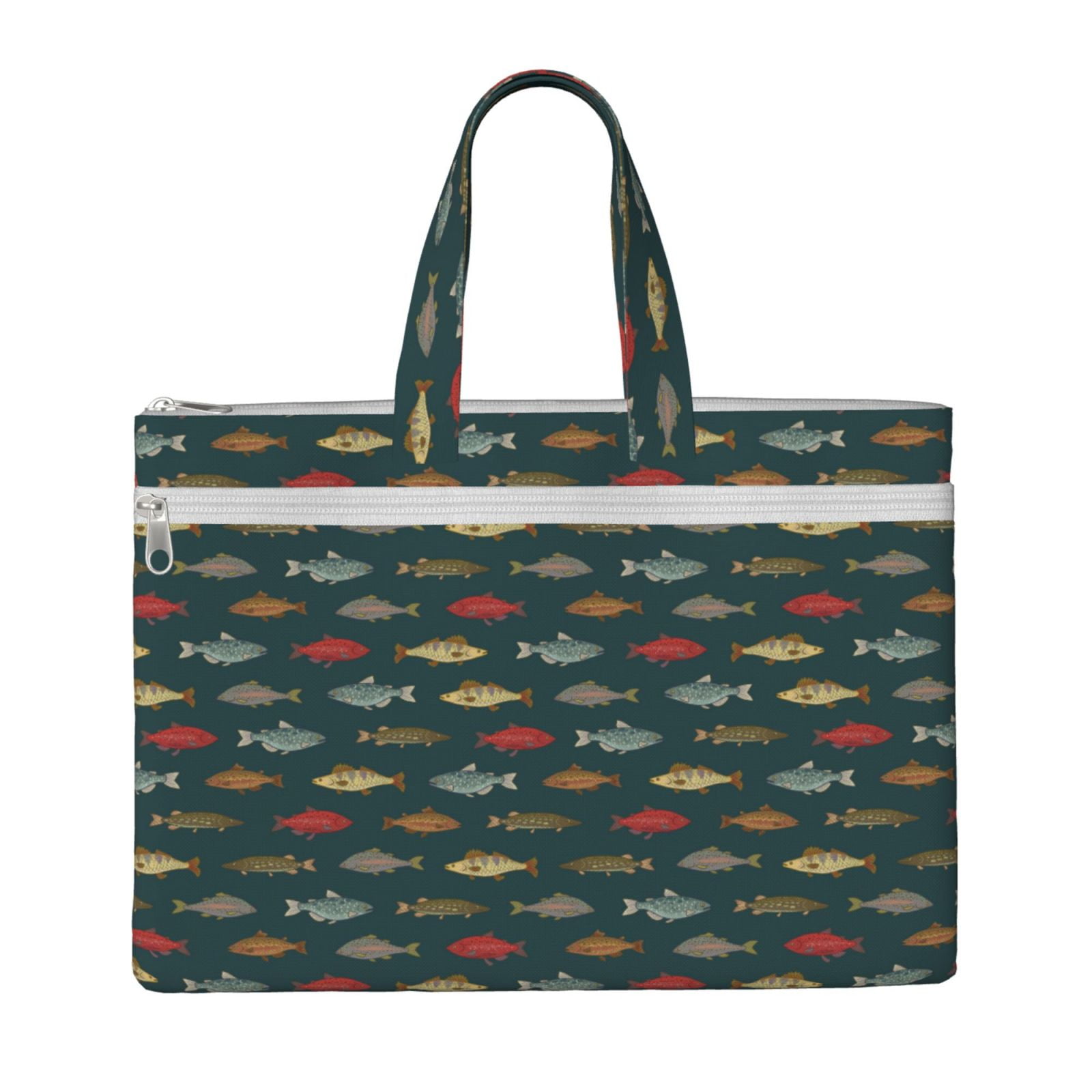 Honeii River Freshwater Fish Print Canvas Tote Bag with Compartments ...
