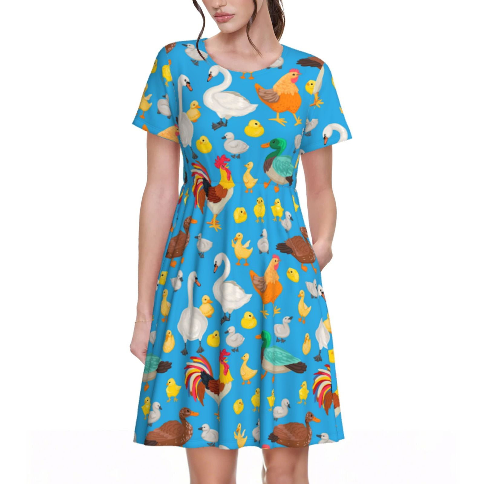 Honeii Rooster And Chickens Print Women’s Short Sleeve Dress ...