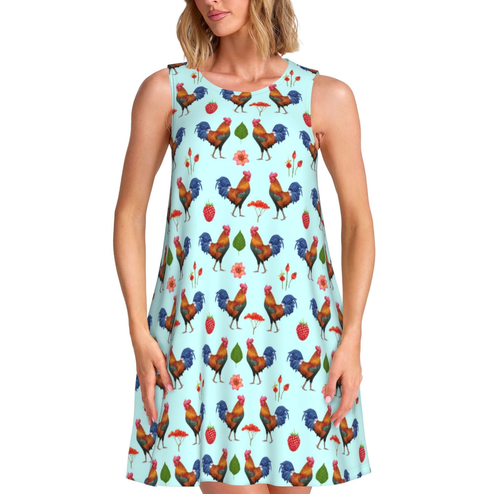 Honeii Roosters And Plants Print Women's Sleeveless Dress, Loose Fit ...