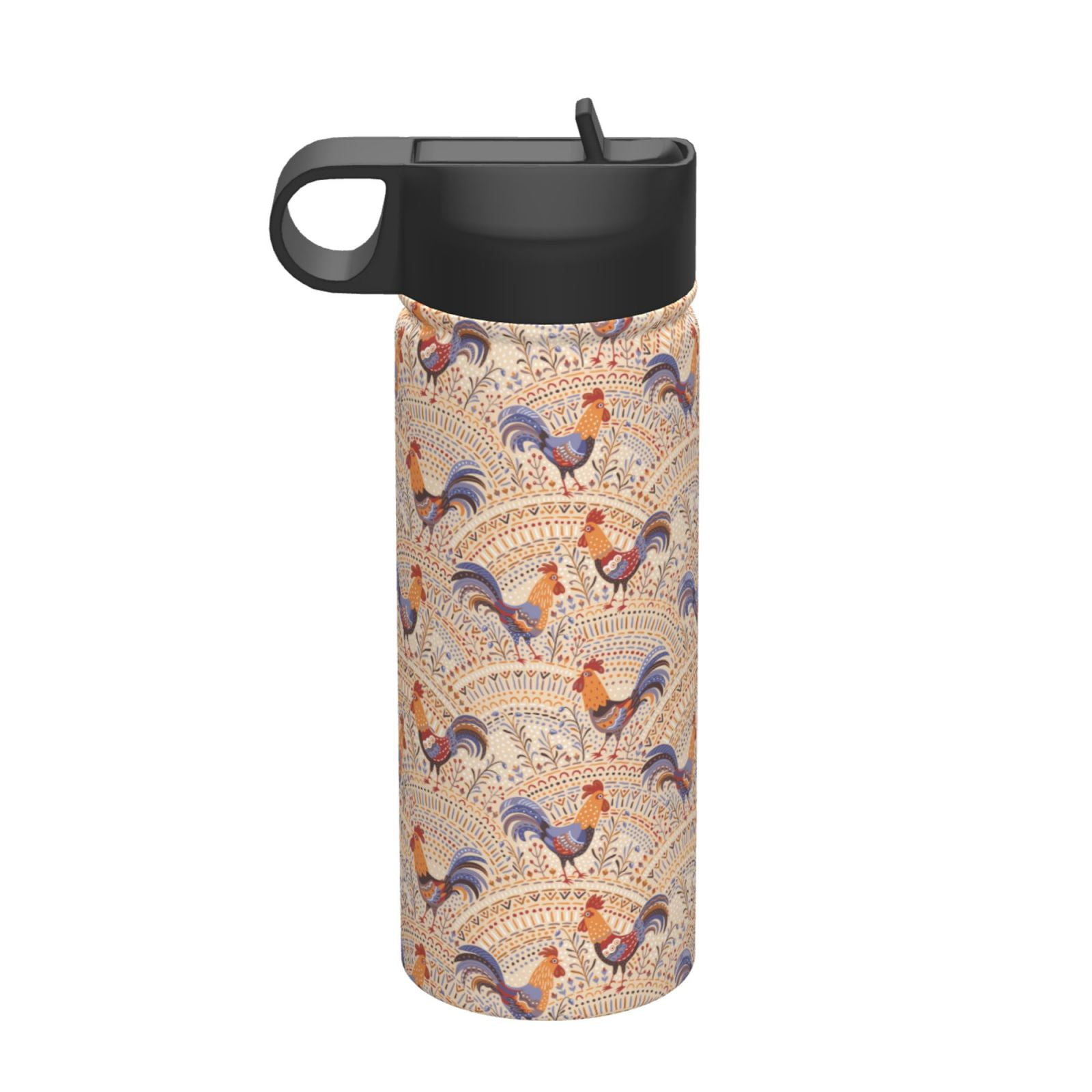 Honeii Roosters In Floral Print 18 oz Insulated Water Bottle with Straw ...