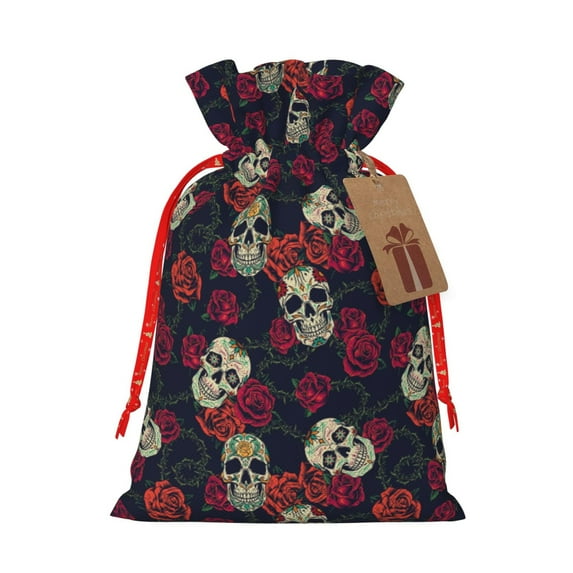 Honeii Roses Skulls Print Small Burlap Bags,Christmas Drawstring Treat ...