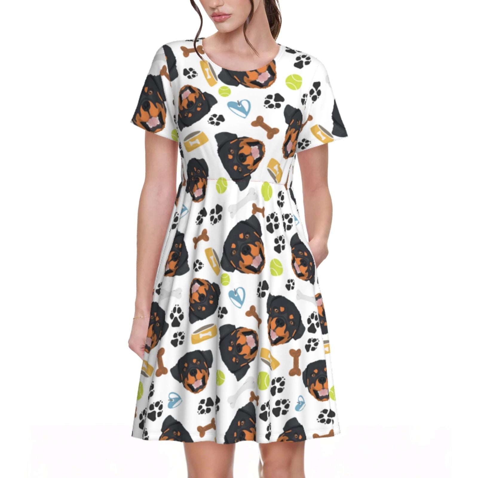 Honeii Rottweiler Print Women’s Short Sleeve Dress, Comfortable Casual ...