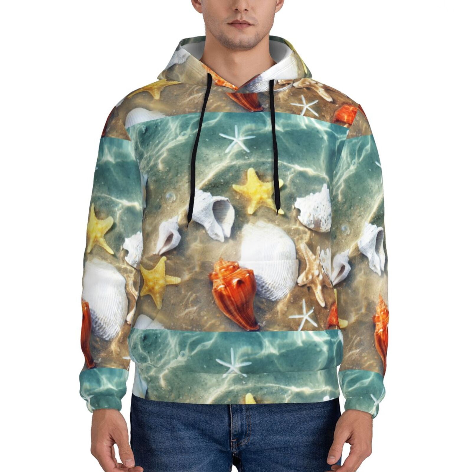 Honeii Seashell On The Beach Pattern Mens Hoodies Men's Loose Sleeve ...