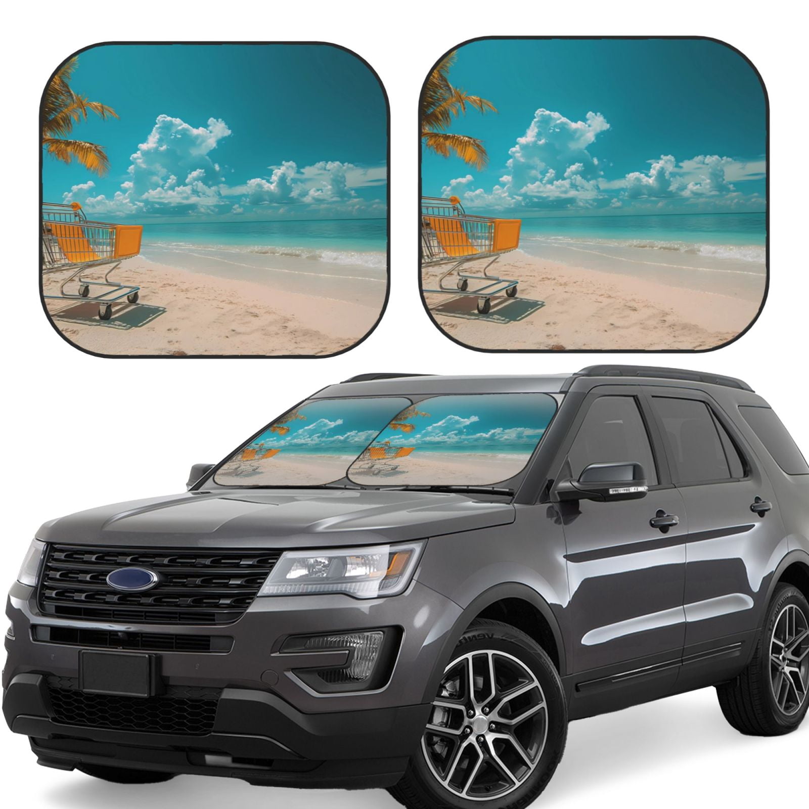 Honeii Shopping Cart On Tropical Beach Print Foldable Car Sun Shade for ...