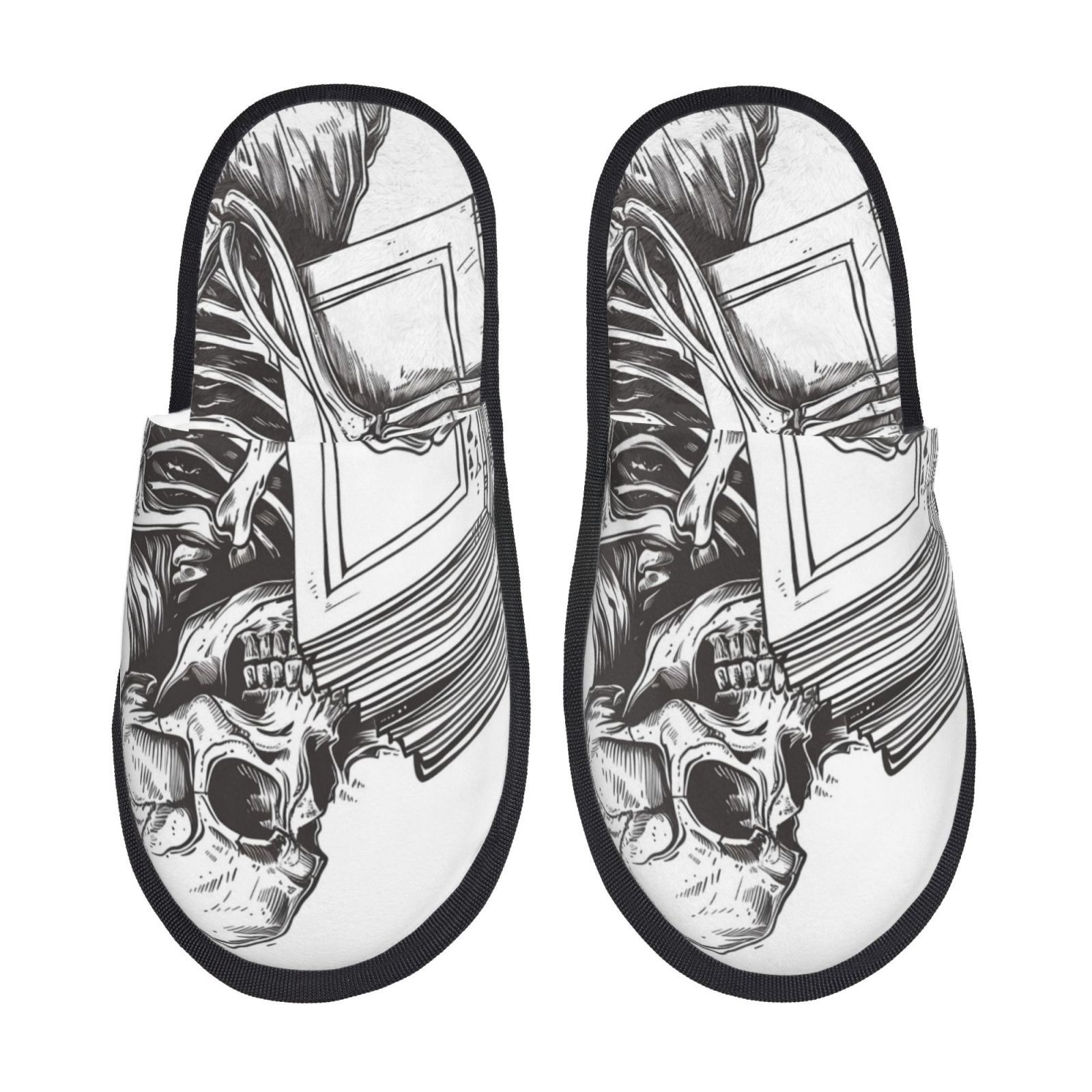 Honeii Skeleton Book Lover Print Furry Slippers Bedroom Slippers for ...