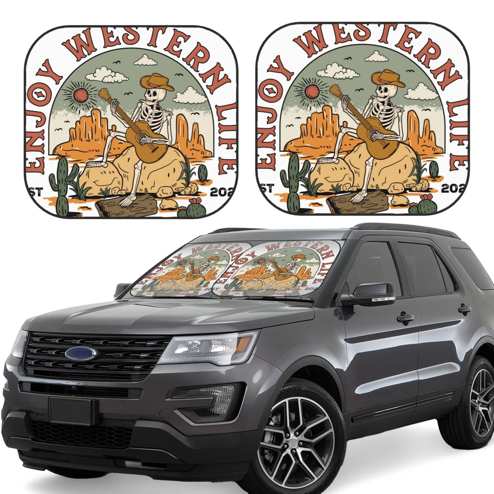 Honeii Skeleton Cowboy And Guitar Print Foldable Car Sun Shade for ...