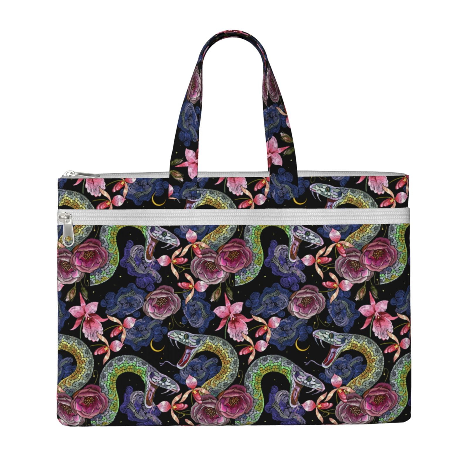Honeii Snake And Flower Print Canvas Tote Bag with Compartments Laptop ...