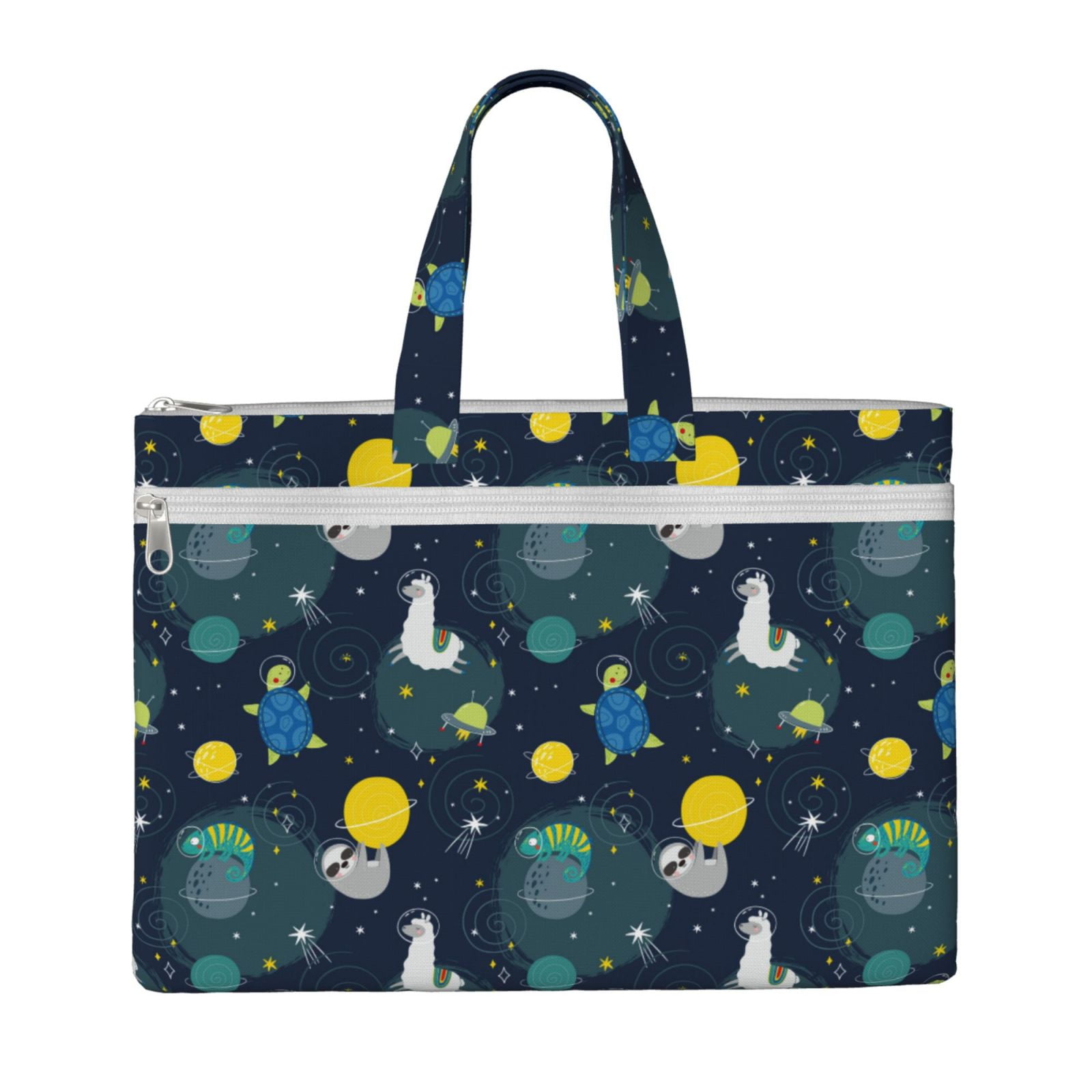 Honeii Space and Animals Print Canvas Tote Bag with Compartments Laptop ...