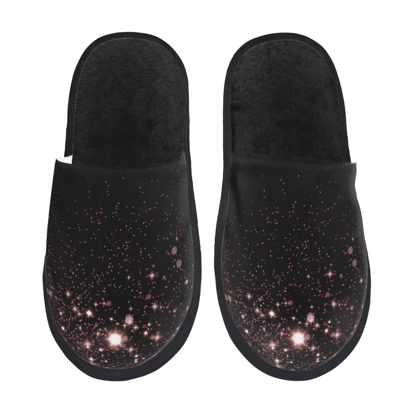 Honeii Sparkling Pink Night Sky Print Furry Slippers Bedroom Slippers ...