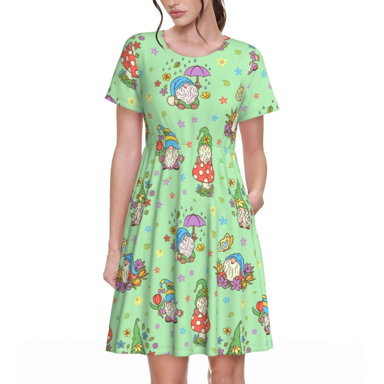 Honeii Spring Gnome Print Women’s Short Sleeve Dress, Comfortable ...