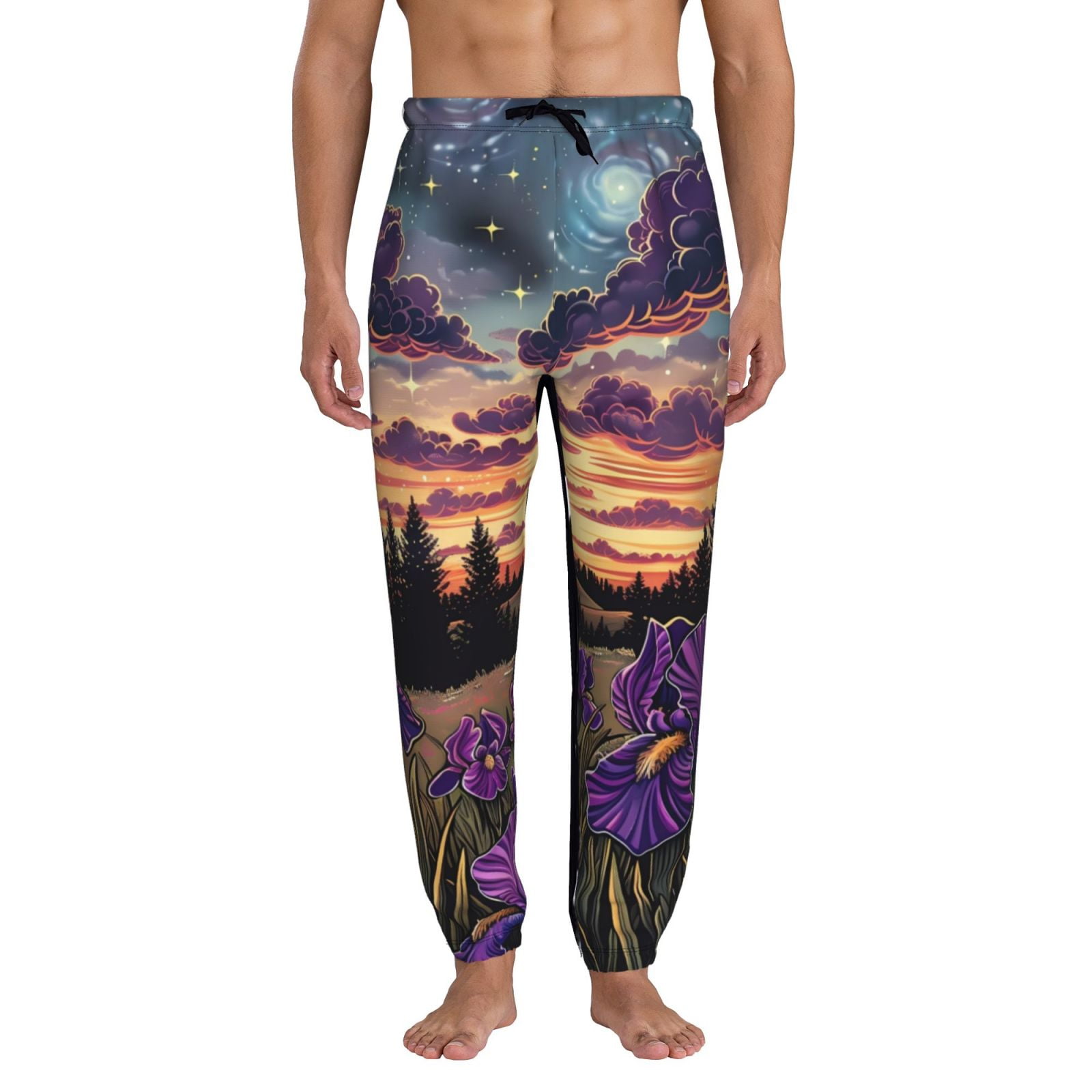 Honeii Starry Night Purple Irises Print Mens Jogger Sweatpants, Men's ...