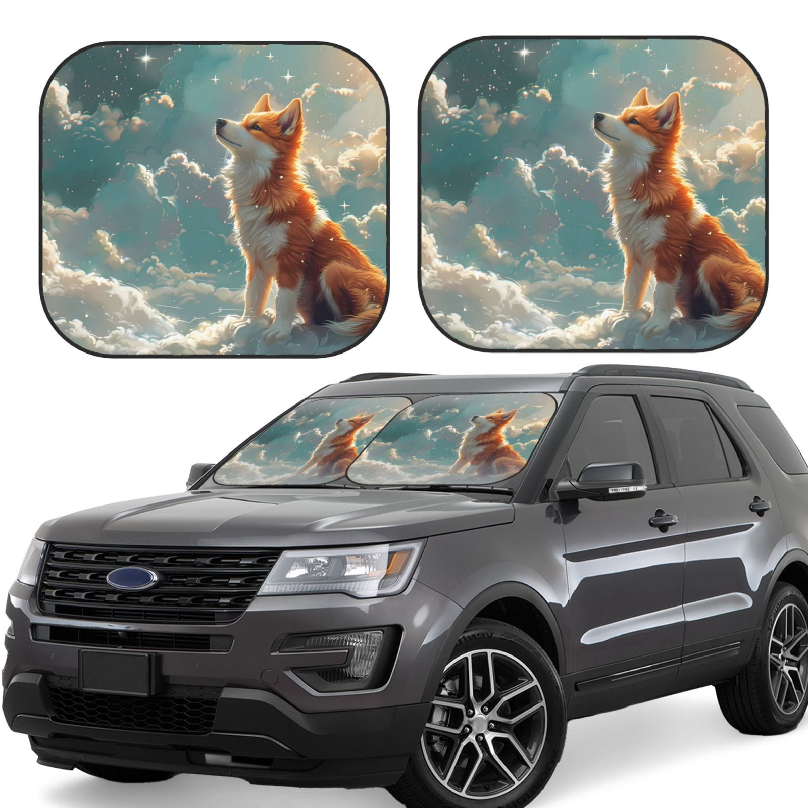 Honeii Starry Sky Cloud Fox Print Foldable Car Sun Shade for Windshield, 2-Piece UV Protection ...