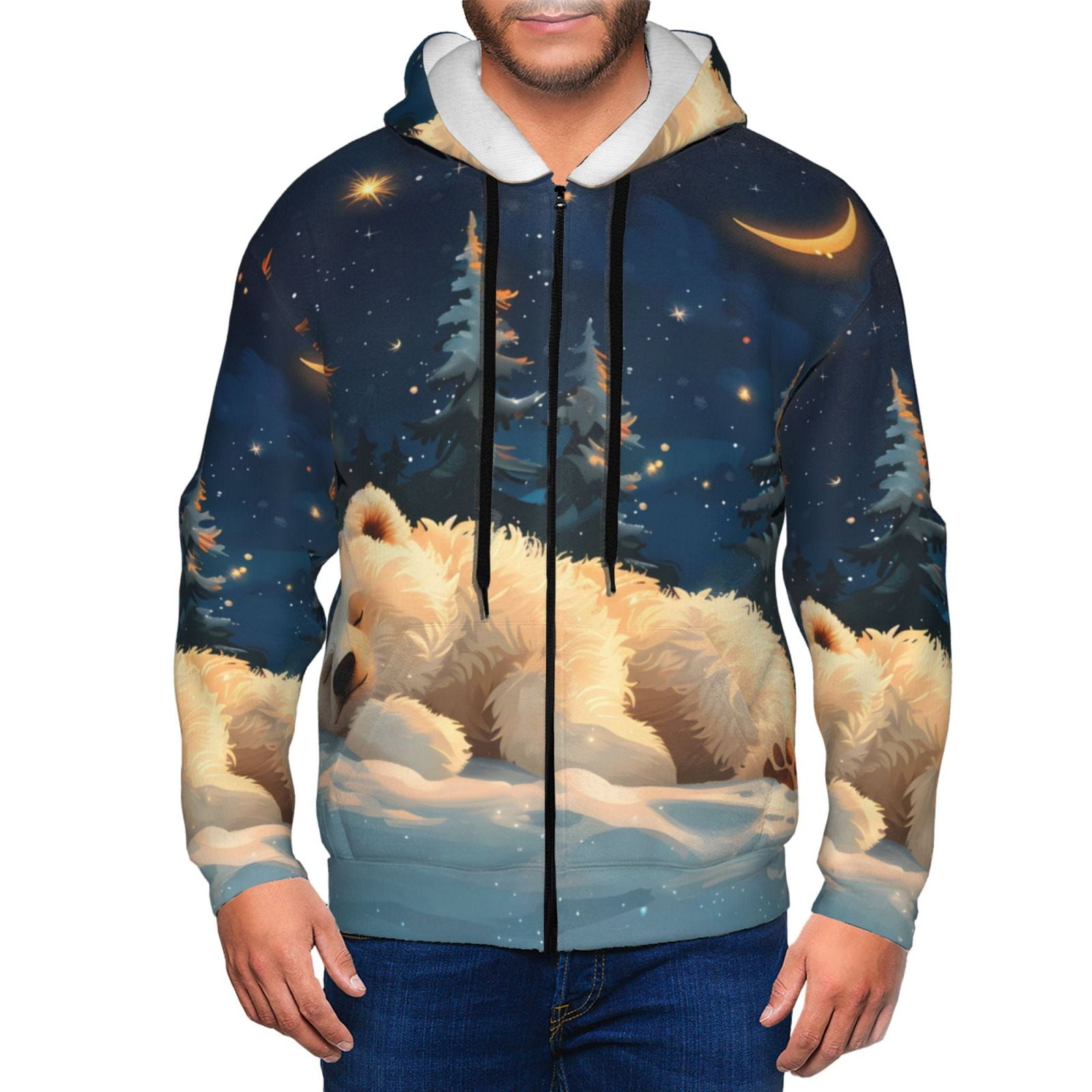 Honeii Starry Sky Sleep White Bear Print Hoodies for Men, Pullover ...