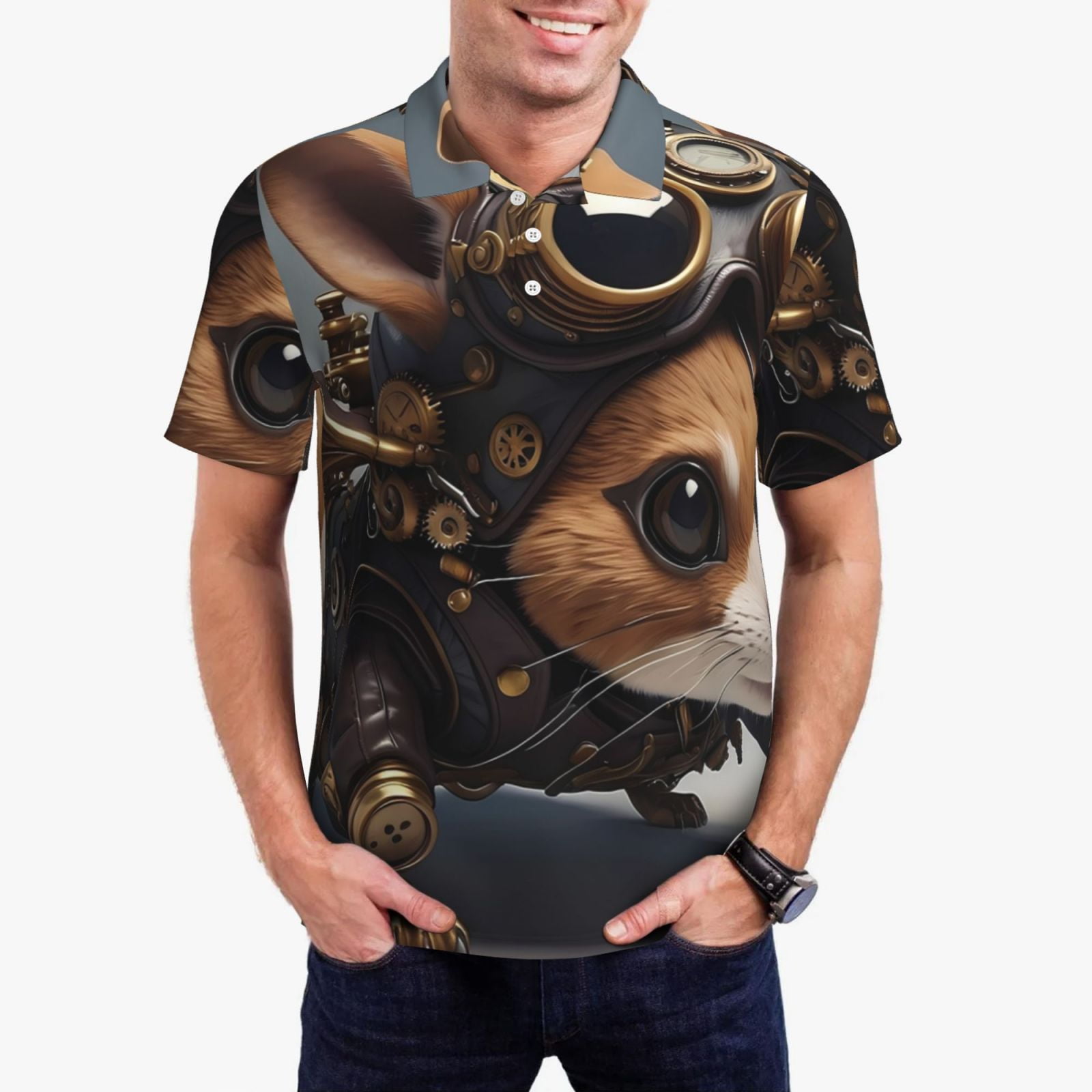 Honeii Steampunk Squirrel Pilot print Polo Shirt, a classic short ...