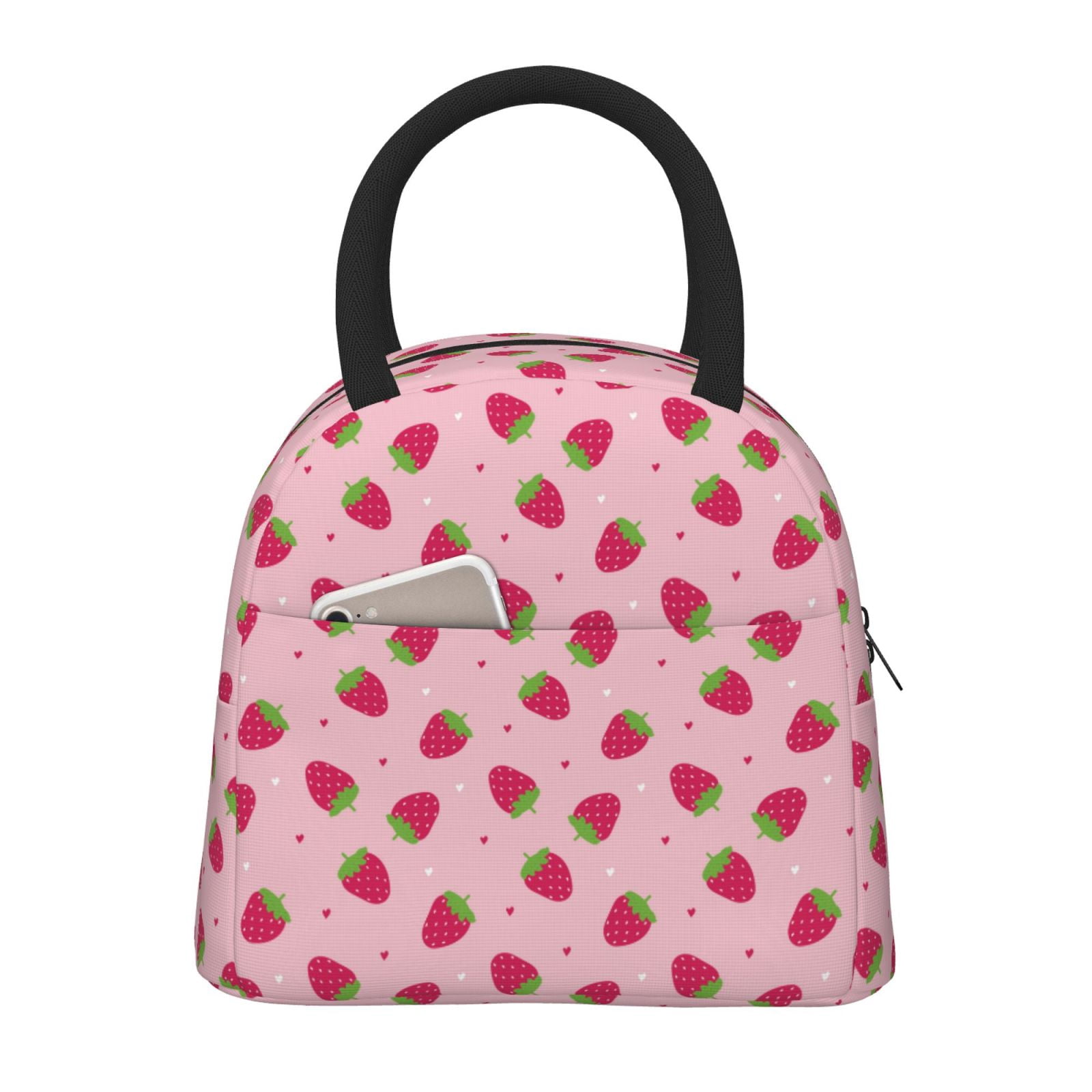 Honeii Strawberries Print Insulated Lunch Bag Women Reusable Lunch Box ...