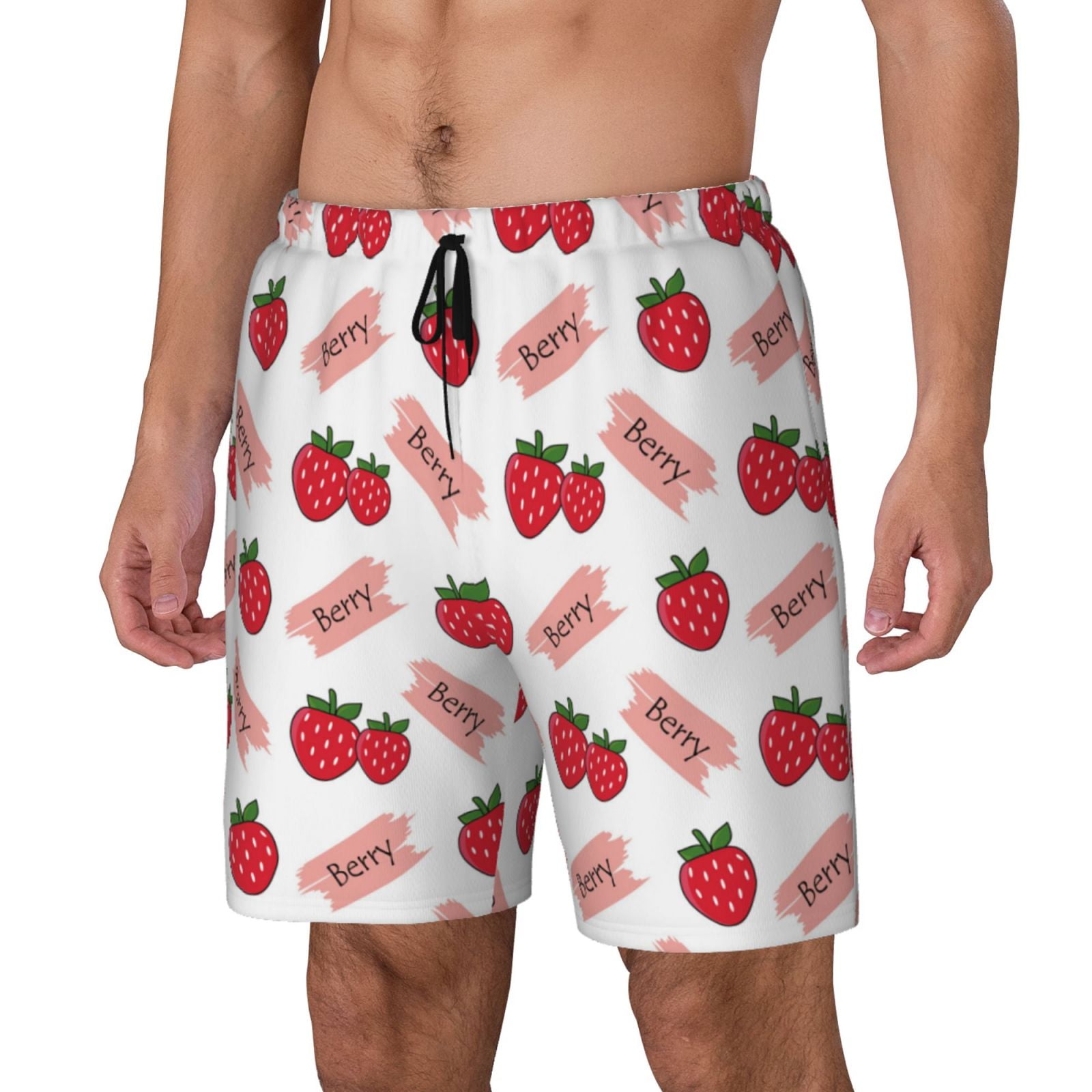 Honeii Strawberry Print Men's Swim Shorts,Mens Swim Trunks,Breathable ...