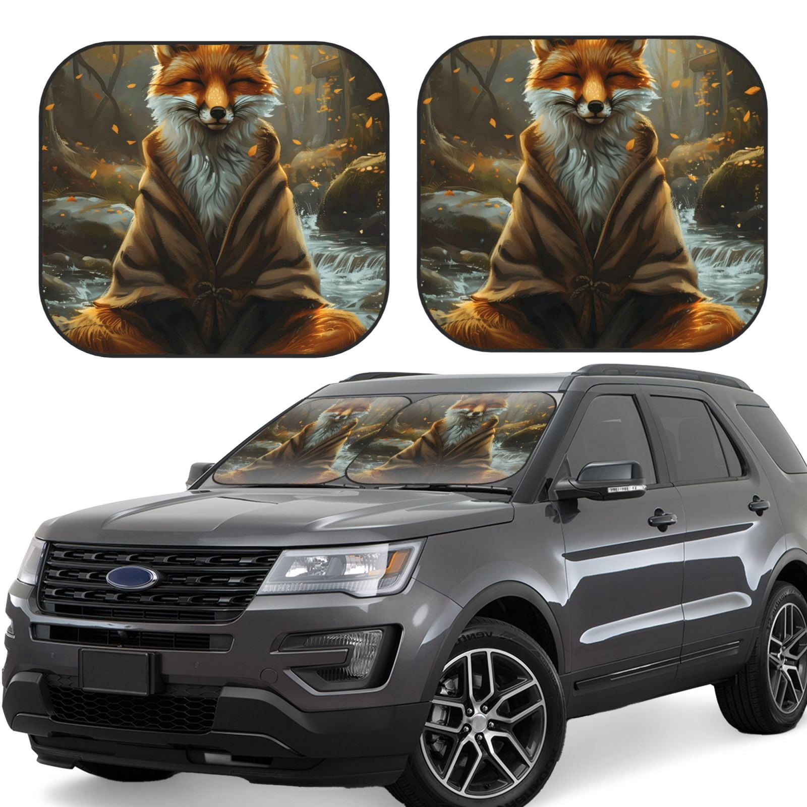 Honeii Streamside Meditating Fox Print Foldable Car Sun Shade for ...