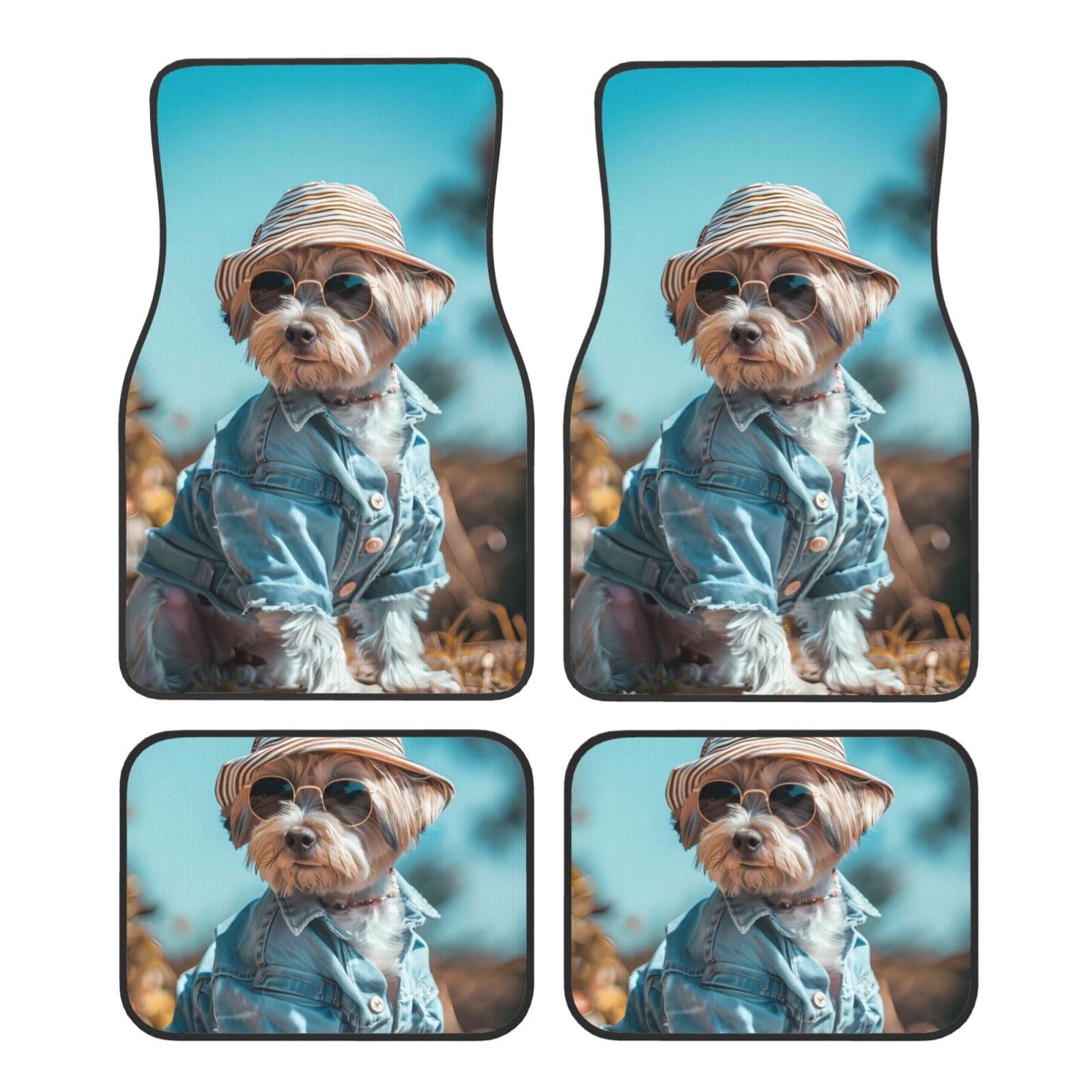 Honeii Stylish Dog in Denim Outfit Print Car Foot Mat Four-Piece Set ...