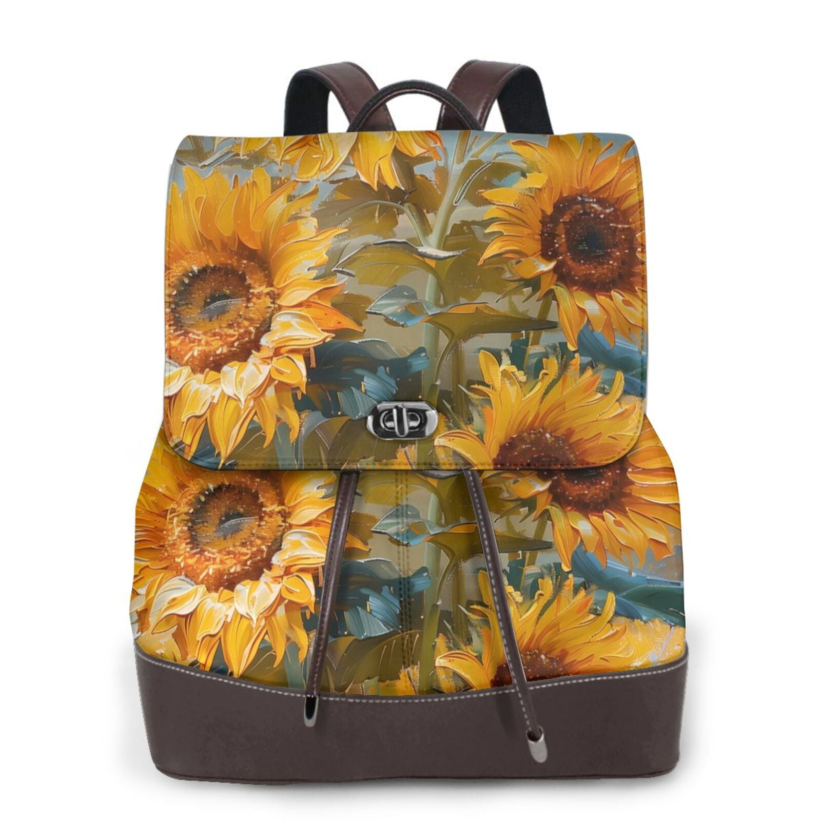 Honeii Sunflower Field Art rint Leather Backpack,Trendy Leather ...