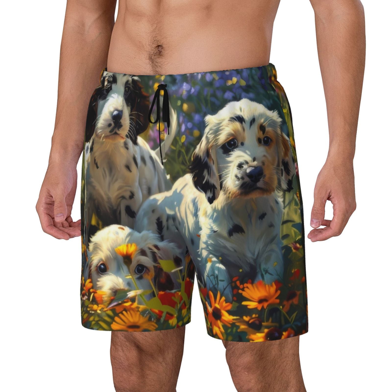 Honeii Sunflower Field Spotted Dog Print Men's Swim Shorts,Mens Swim ...