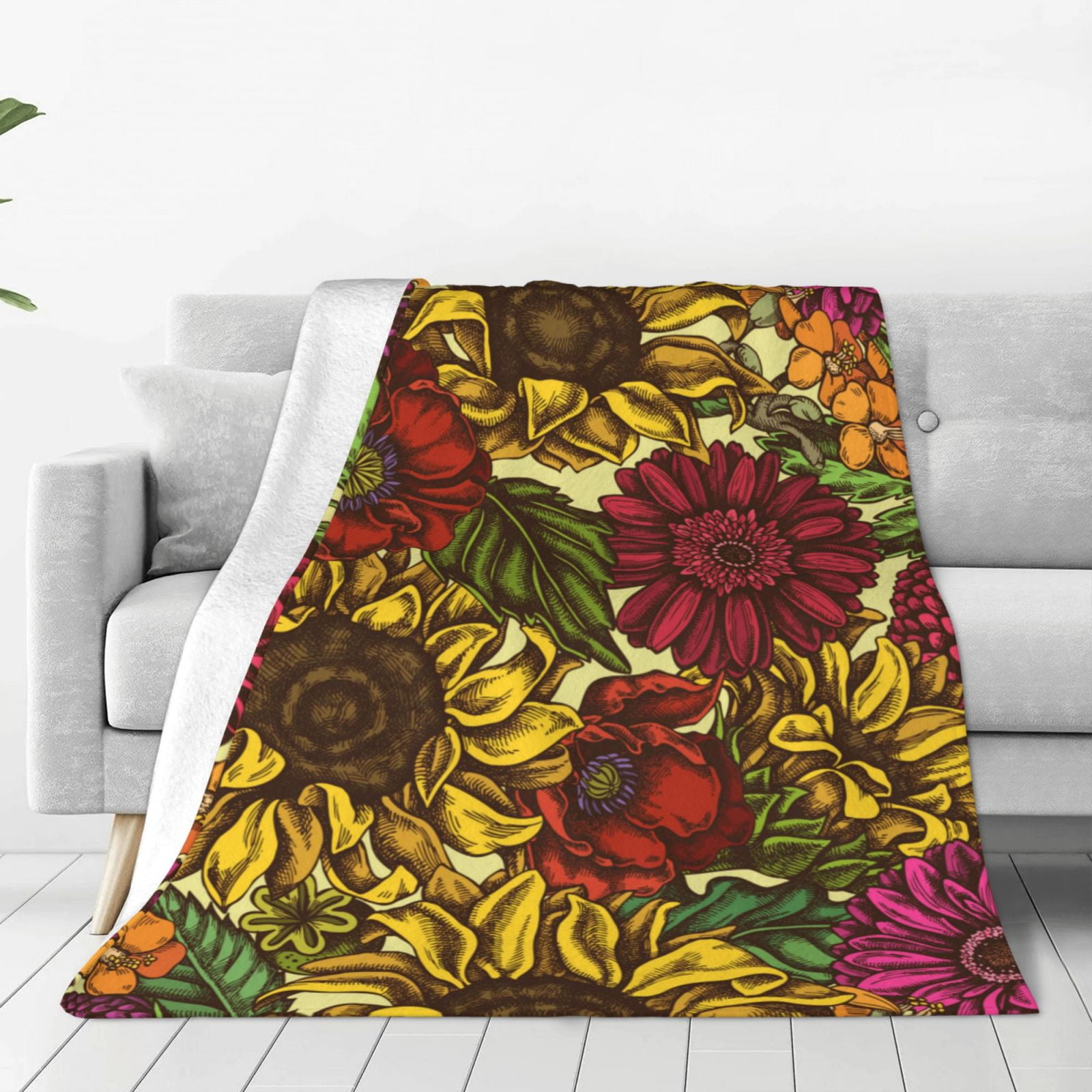Honeii Sunflower Print Fleece Blanket - Throw Blanket for Bed, Sofa ...