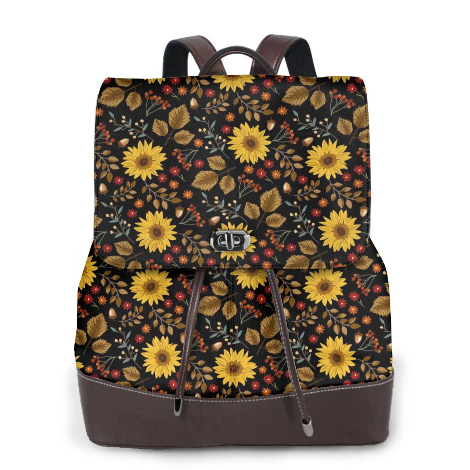 Honeii Sunflowers Leaves rint Leather Backpack,Trendy Leather Backpack ...