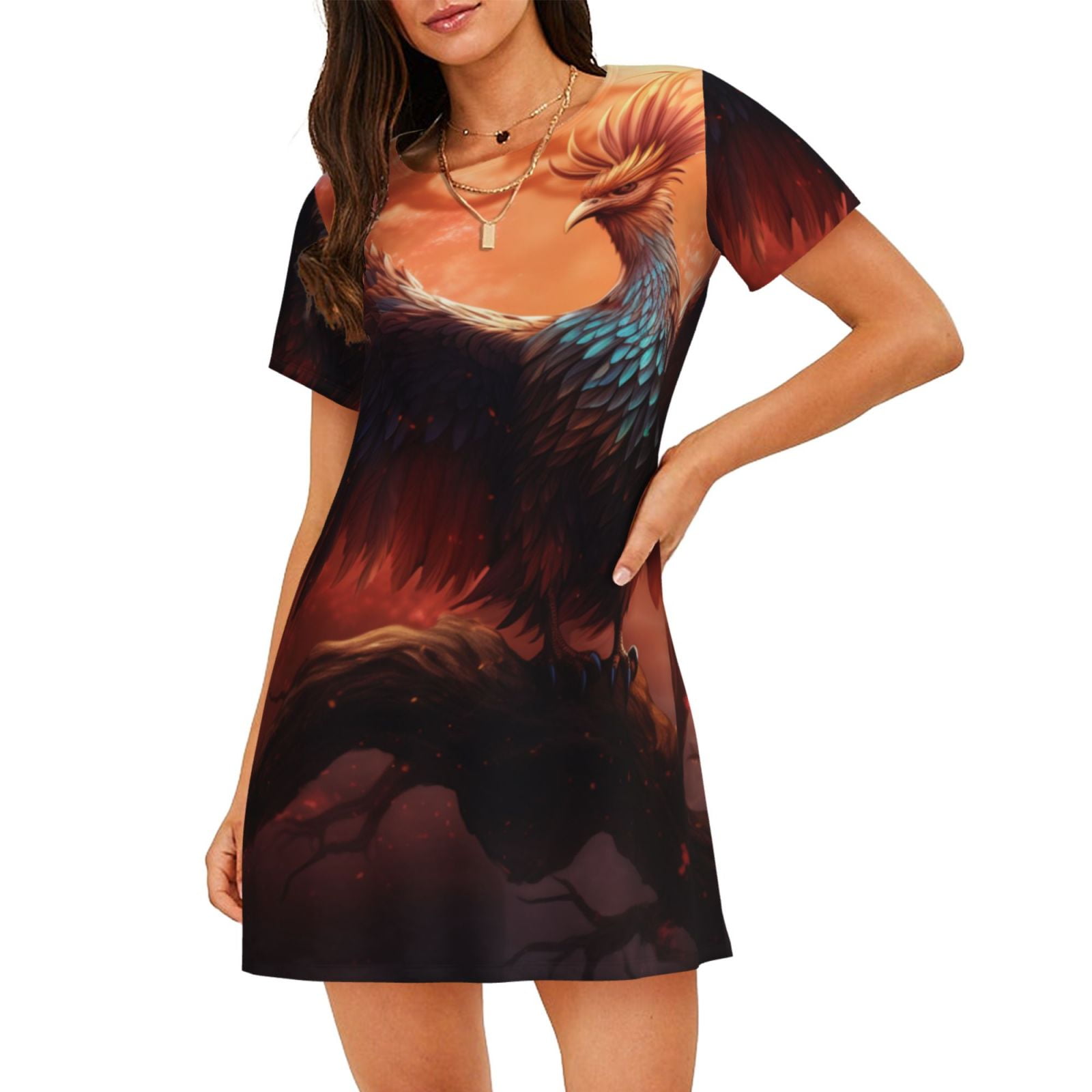 Honeii Sunset Blossoms Phoenix Perch Print Women's Loose Short Sleeve ...