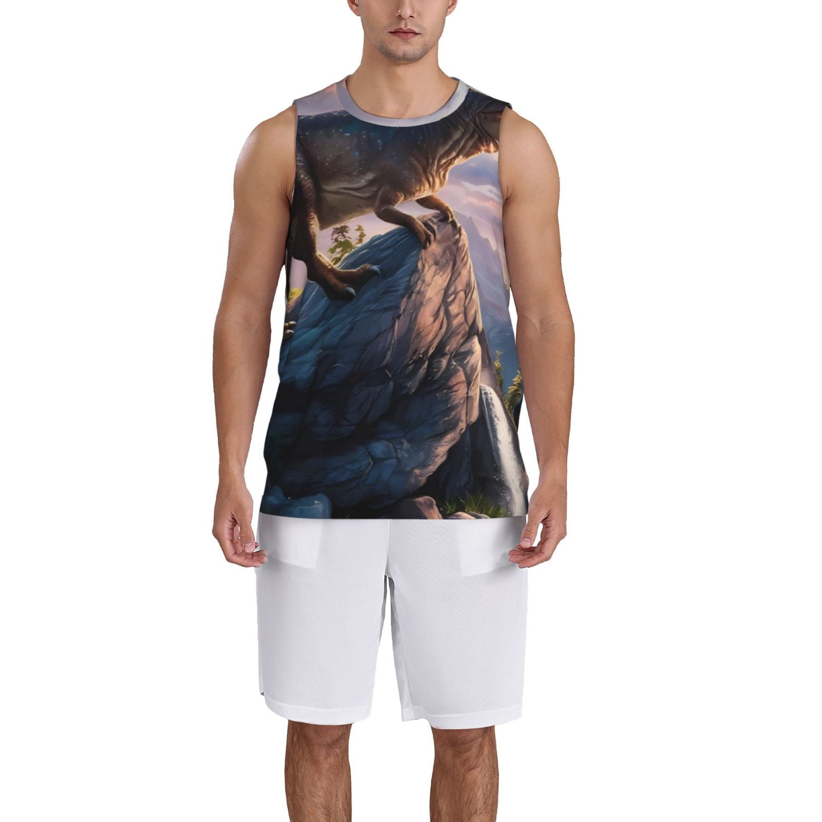 Honeii Sunset Cliff Dinosaur print basktball shirt for men and women ...