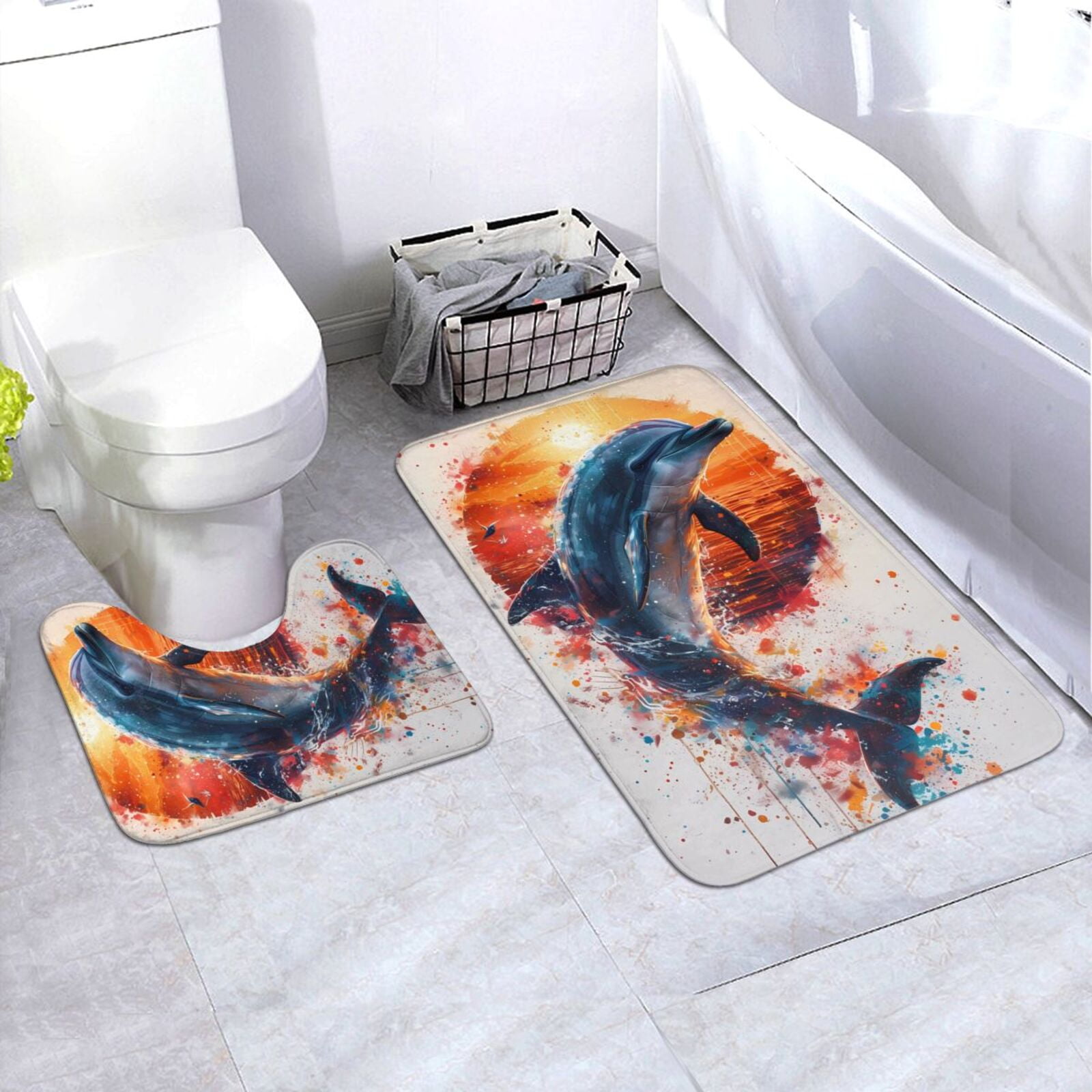 Honeii Sunset Ocean Watercolor Dolphin Pattern Bathroom Anti-Skid Pad ...