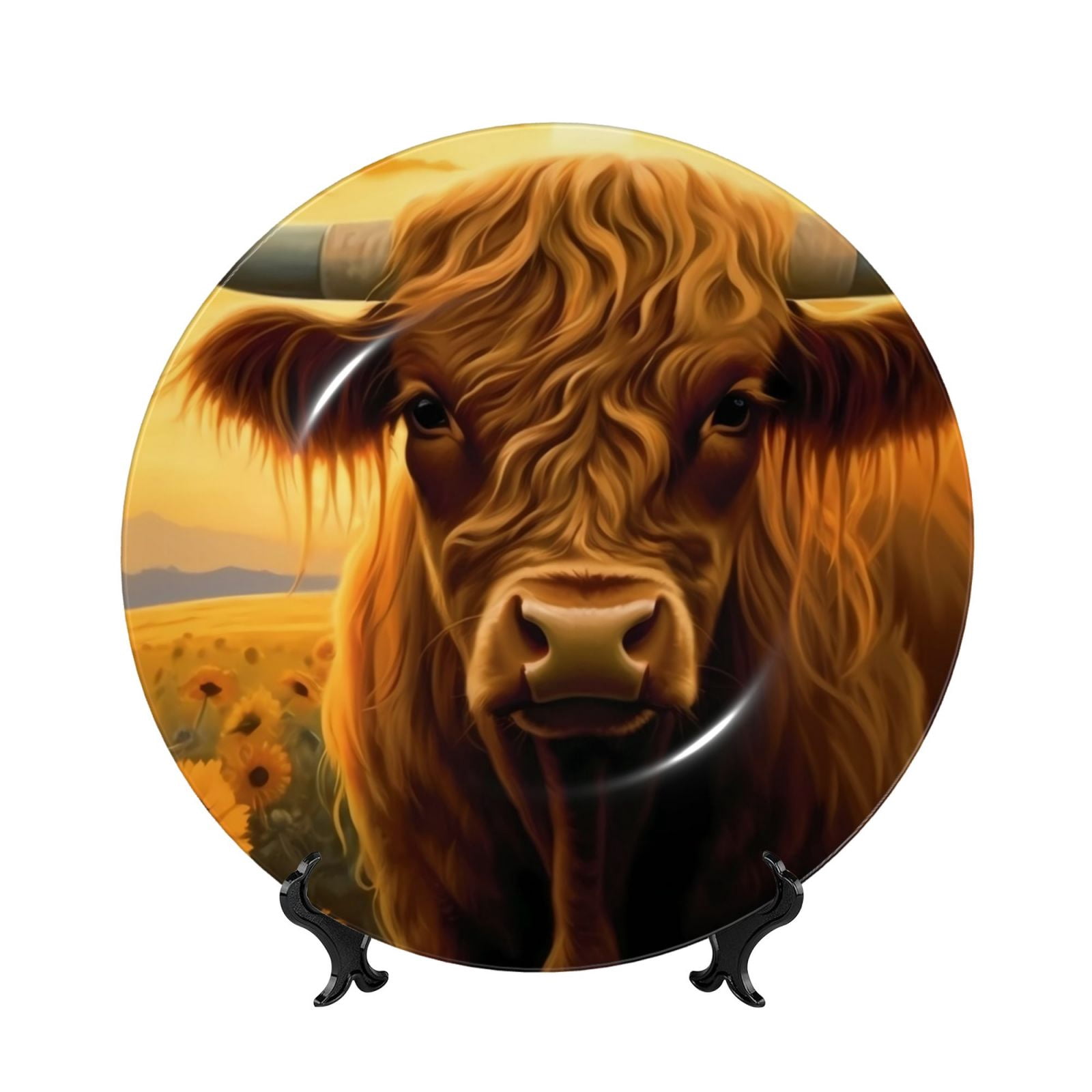 Honeii Sunset Sunflower Cow A Print Elegant Bone China Decorative Plate ...