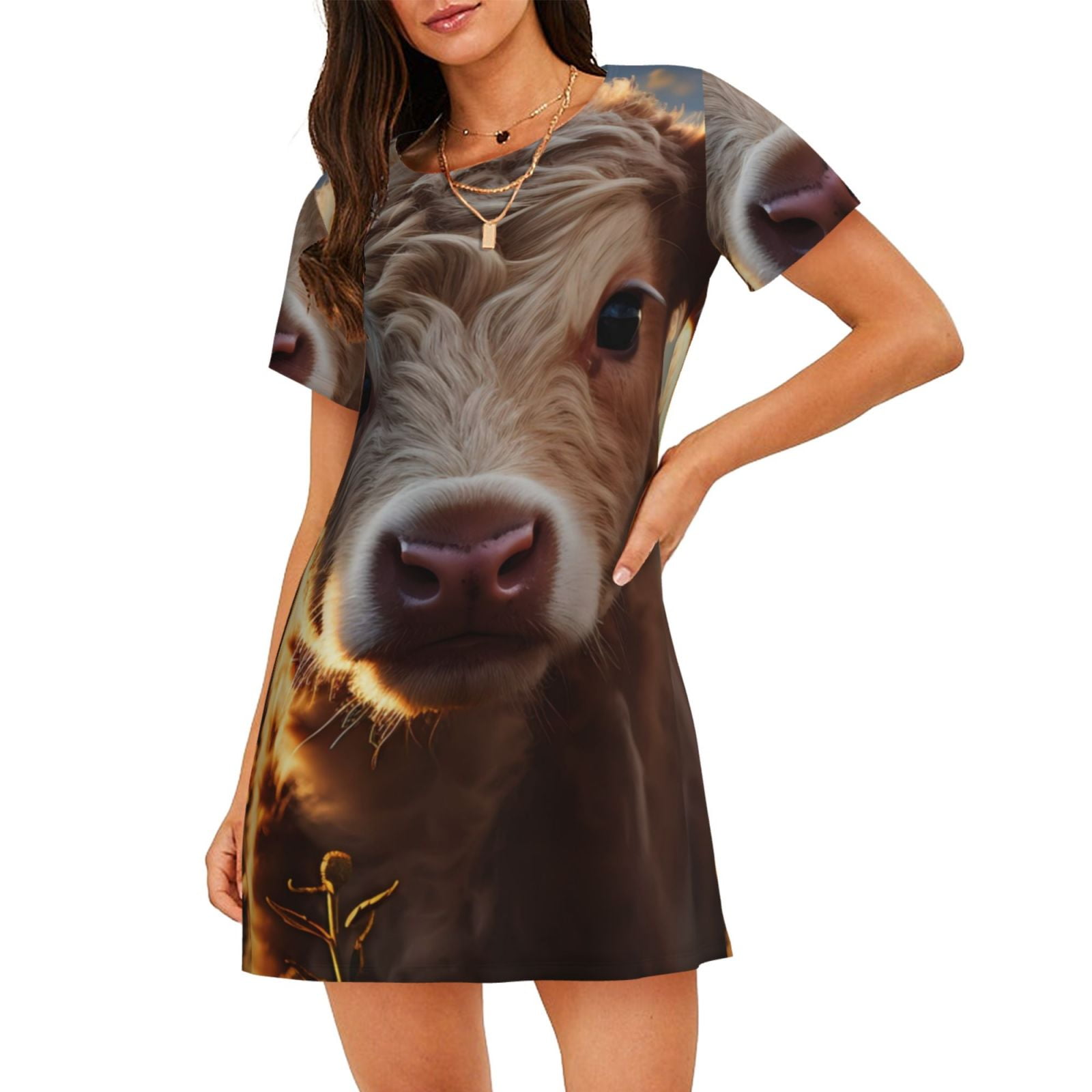 Honeii Sunset Sunflower Small Cow Print Women's Loose Short Sleeve ...