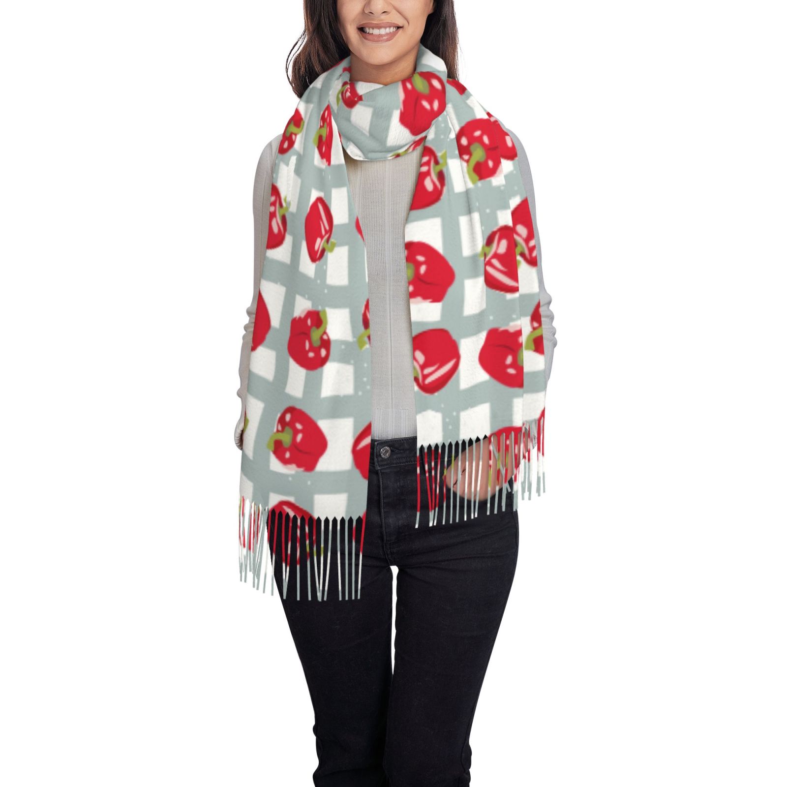 Honeii Sweet Red Fruit Print Scarf Oversized Scarf Tassel Fall Winter ...
