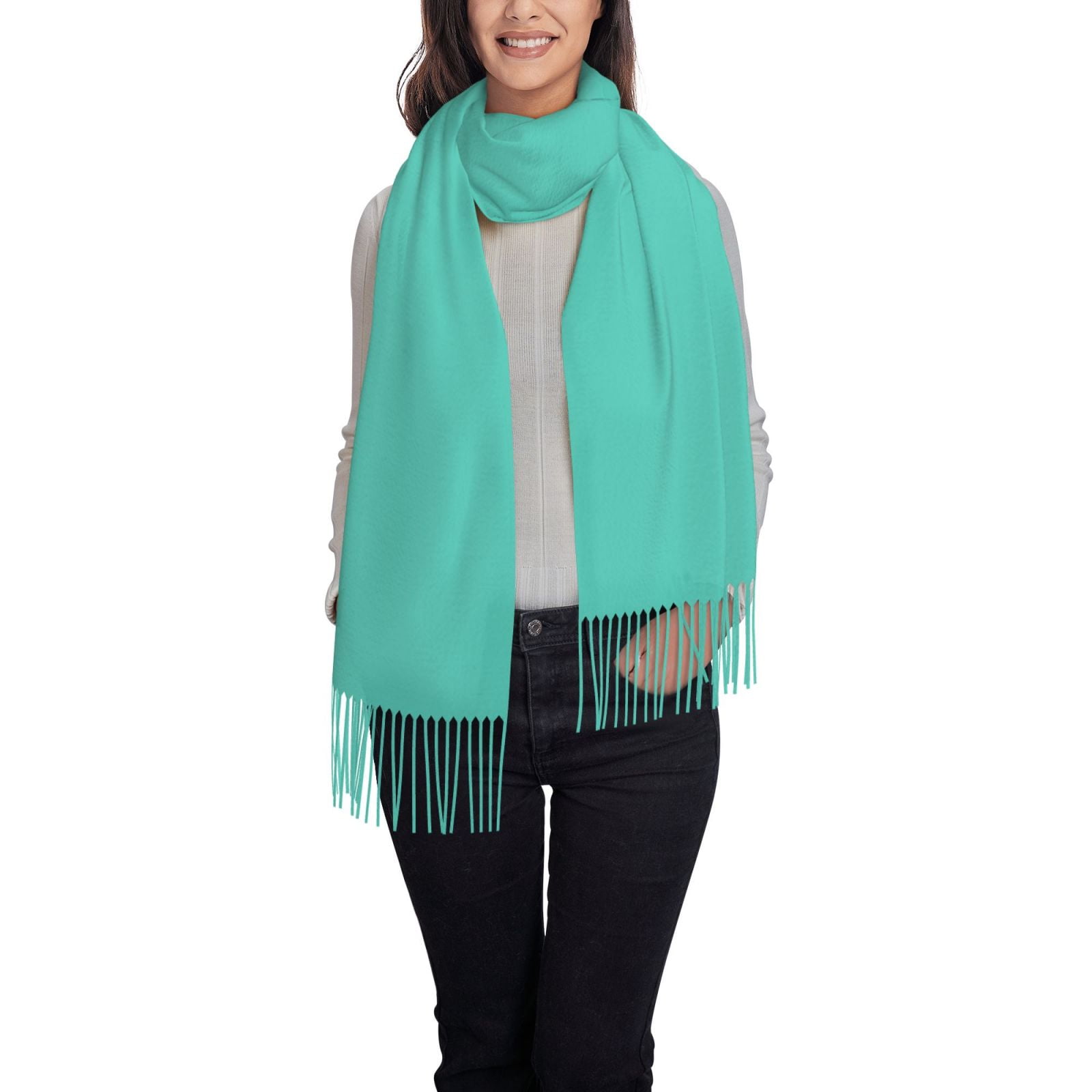 Honeii Teal Turquoise Print Scarf Oversized Scarf Tassel Fall Winter ...