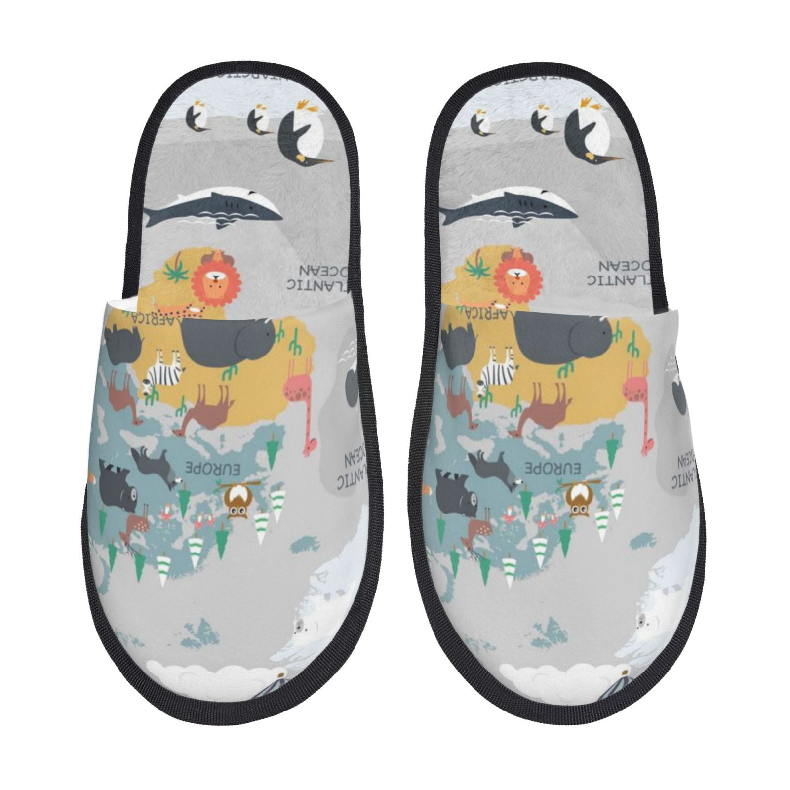 Honeii The World Map with Cartoon Animals print Slippers Memory Foam ...