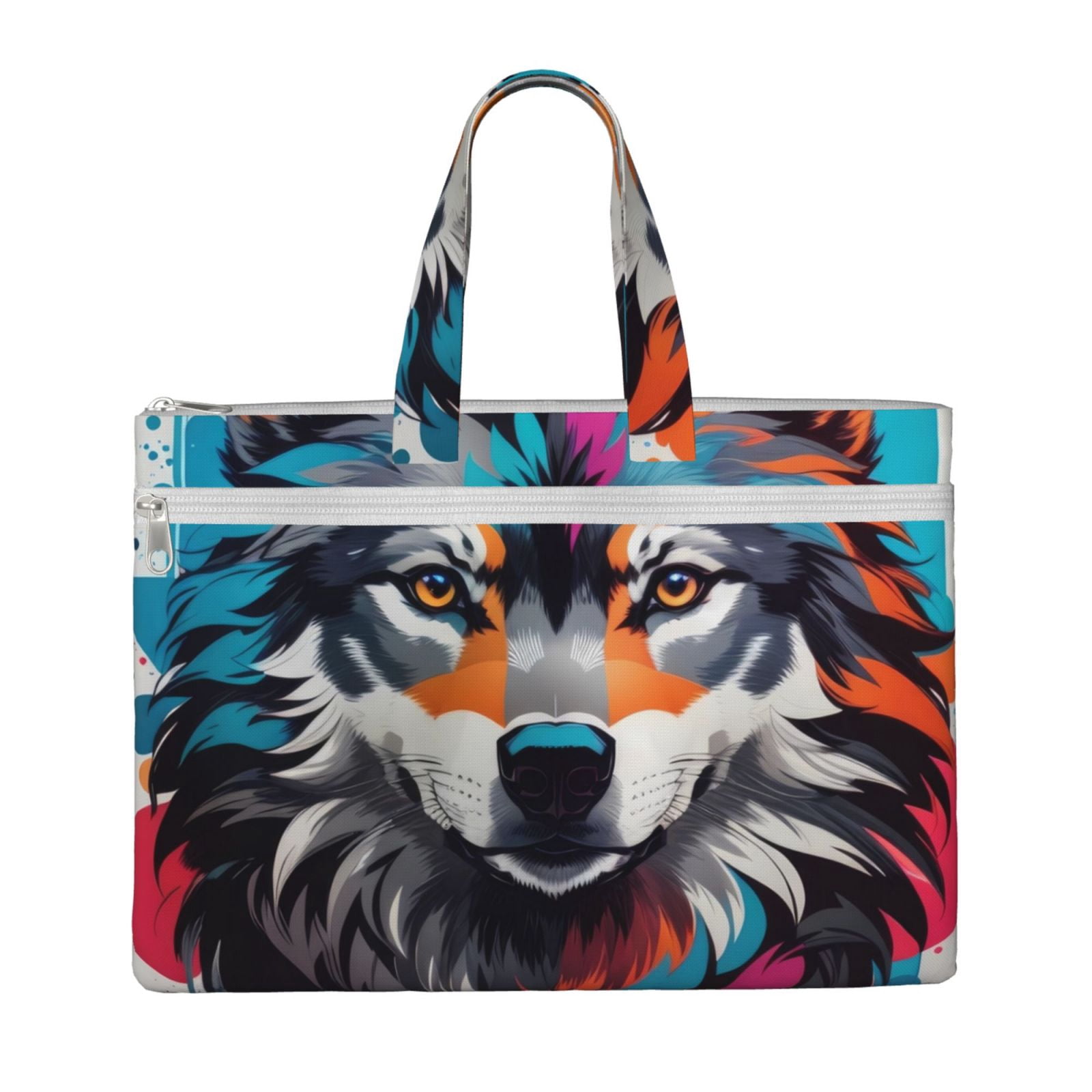 Honeii Tie-Dye Wolf Head Print Canvas Tote Bag with Compartments Laptop ...