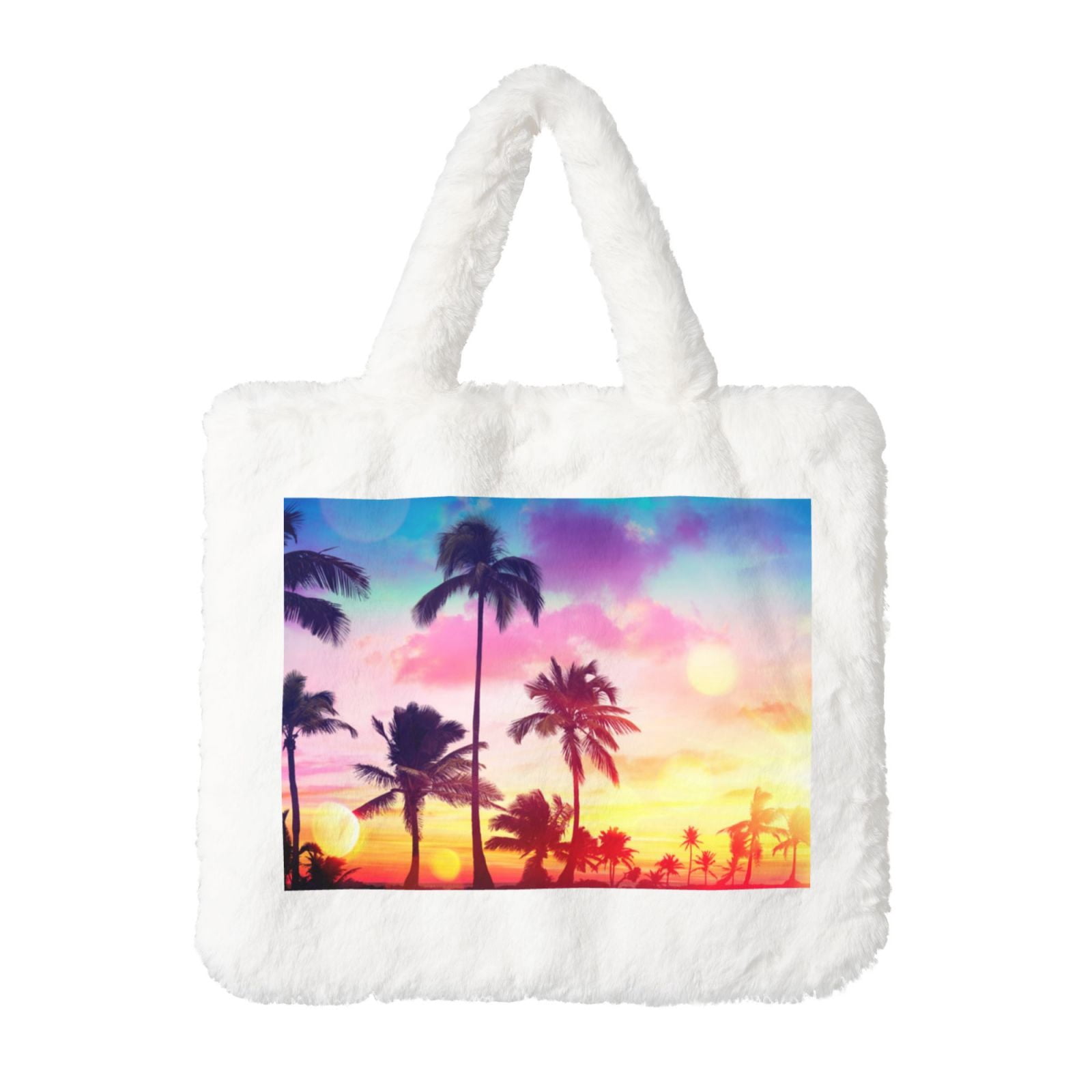 Honeii Tropical Palm Tree at Sunset Print Fluffy Shoulder Bag Plush ...