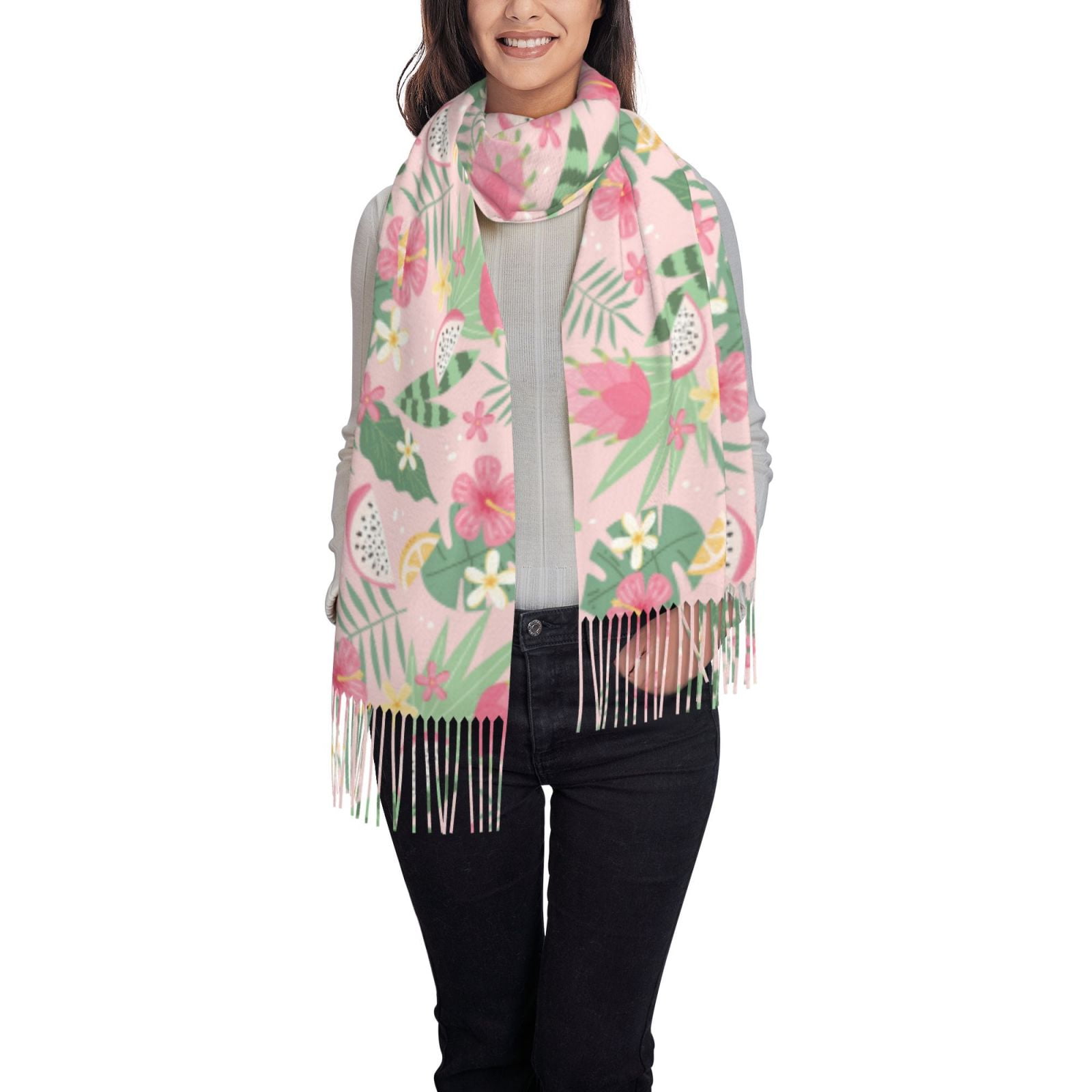 Honeii Tropical Pitaya Print Scarf Oversized Scarf Tassel Fall Winter ...