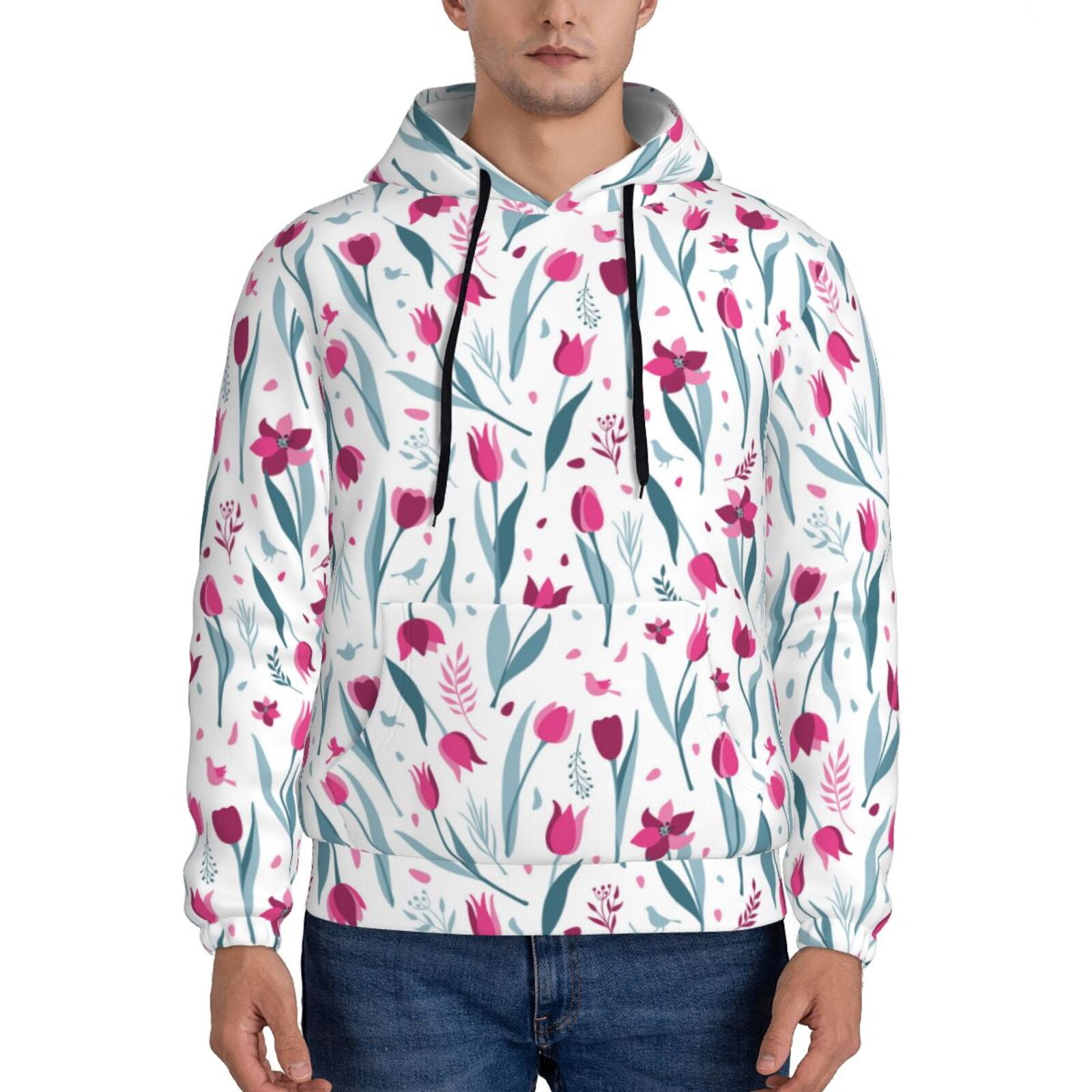 Honeii Tulips Flowers Pattern Mens Hoodies Men's Loose Sleeve ...