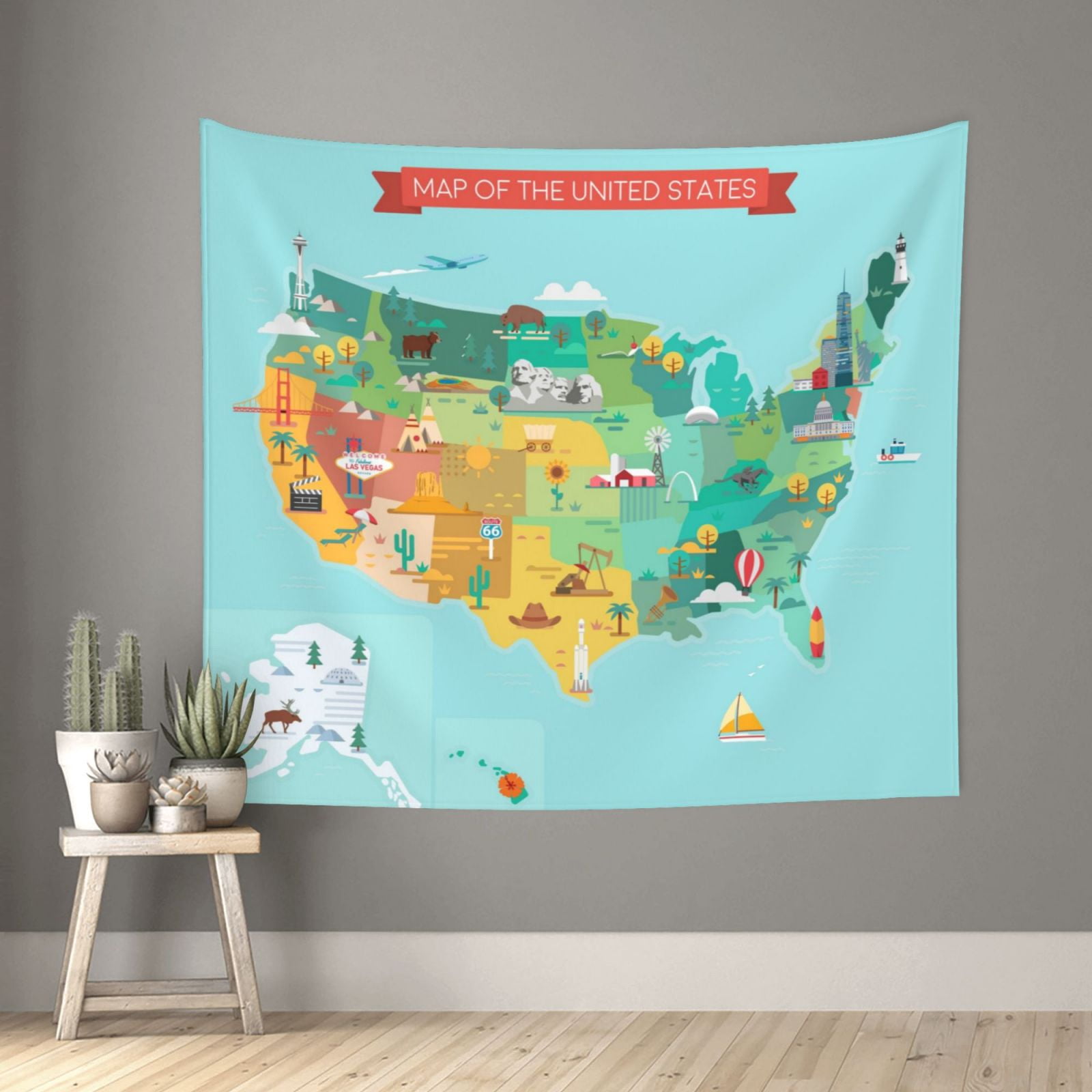 Honeii USA Tourist Map print Tapestry for Bedroom, Tapestry Wall ...