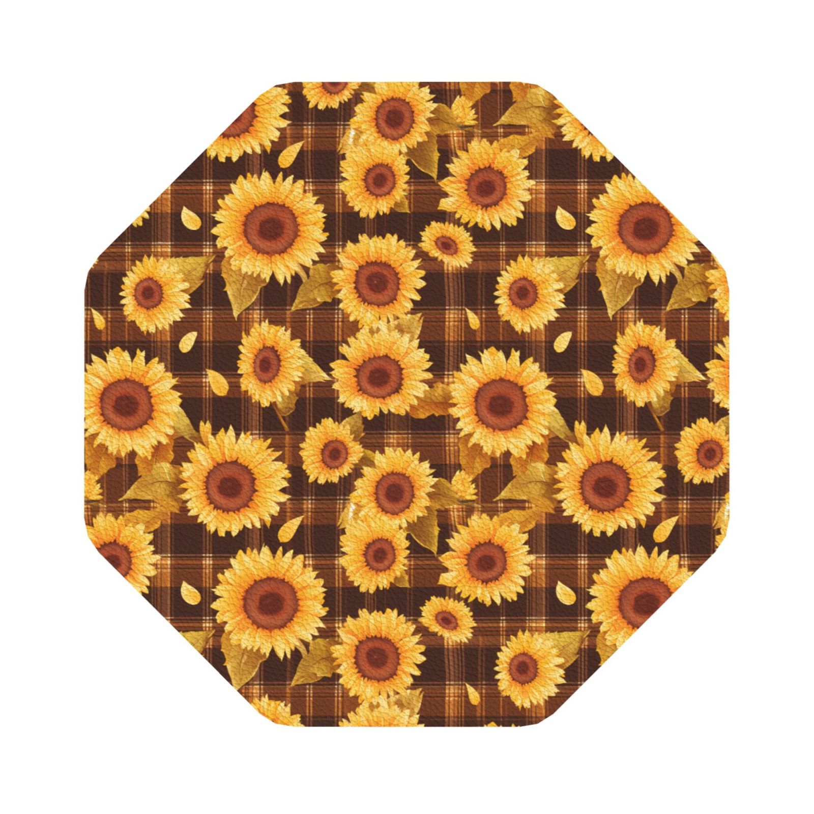 Honeii Vintage Brown Plaid Sunflower Print Leather Coaster Set of 6 ...