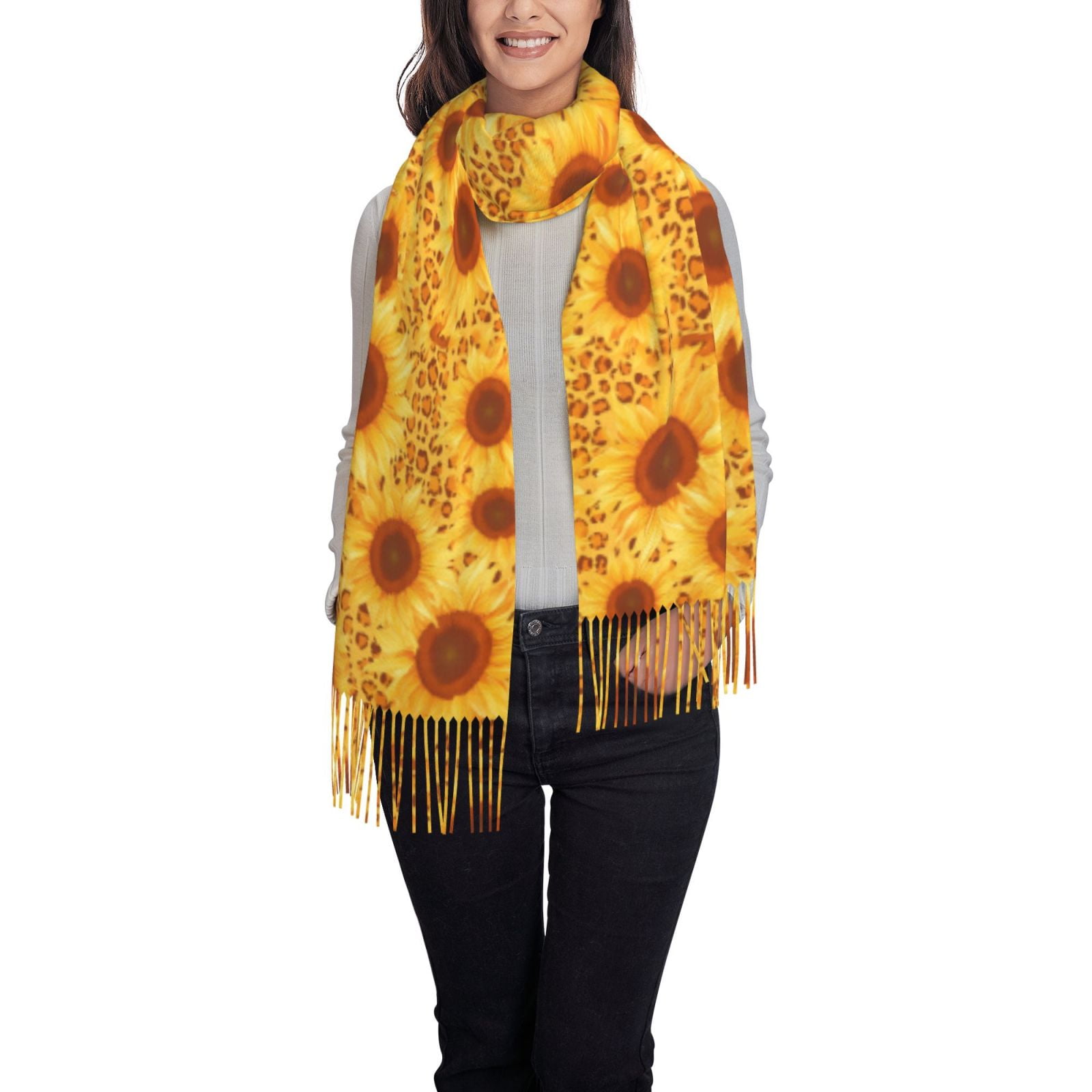 Honeii Vintage Leopard Print Sunflower Print Scarf Oversized Scarf ...
