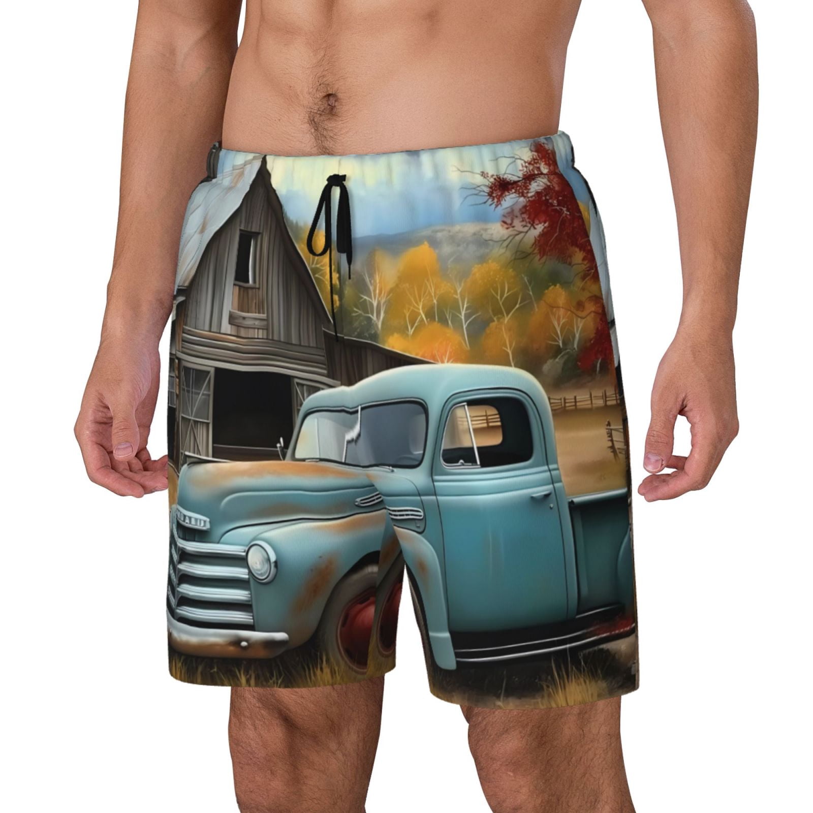 Honeii Vintage Truck Farm Scene Print Men's Swim Shorts,Mens Swim ...